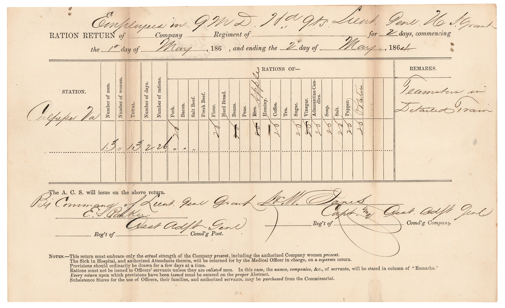 U. S. Grant: Union Army Ration Return Document (1864) | RR Auction