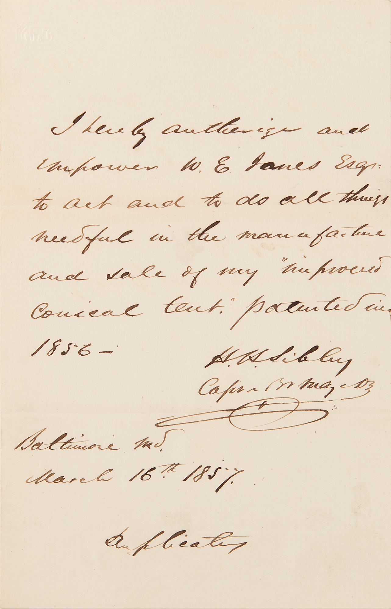 Henry H. Sibley Autograph Document Signed on His "improved