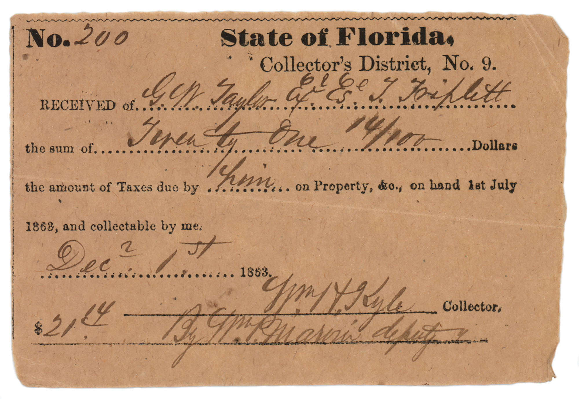 Confederate Florida Tax Receipt | RR Auction