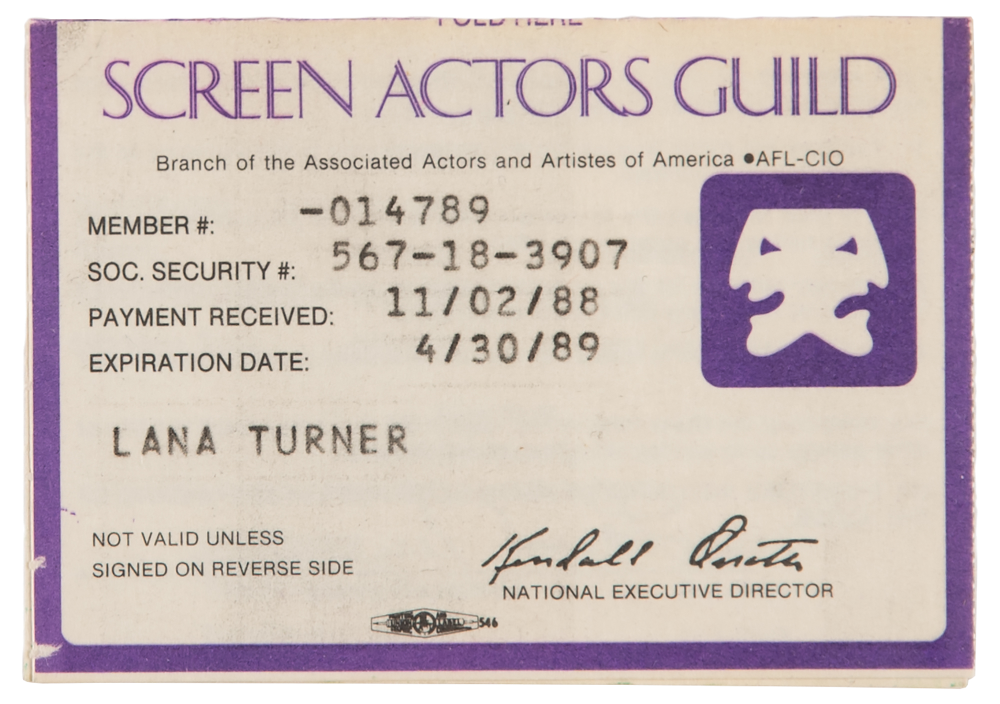 Lana Turner's Signed 1988 Screen Actors Guild Membership Card | RR