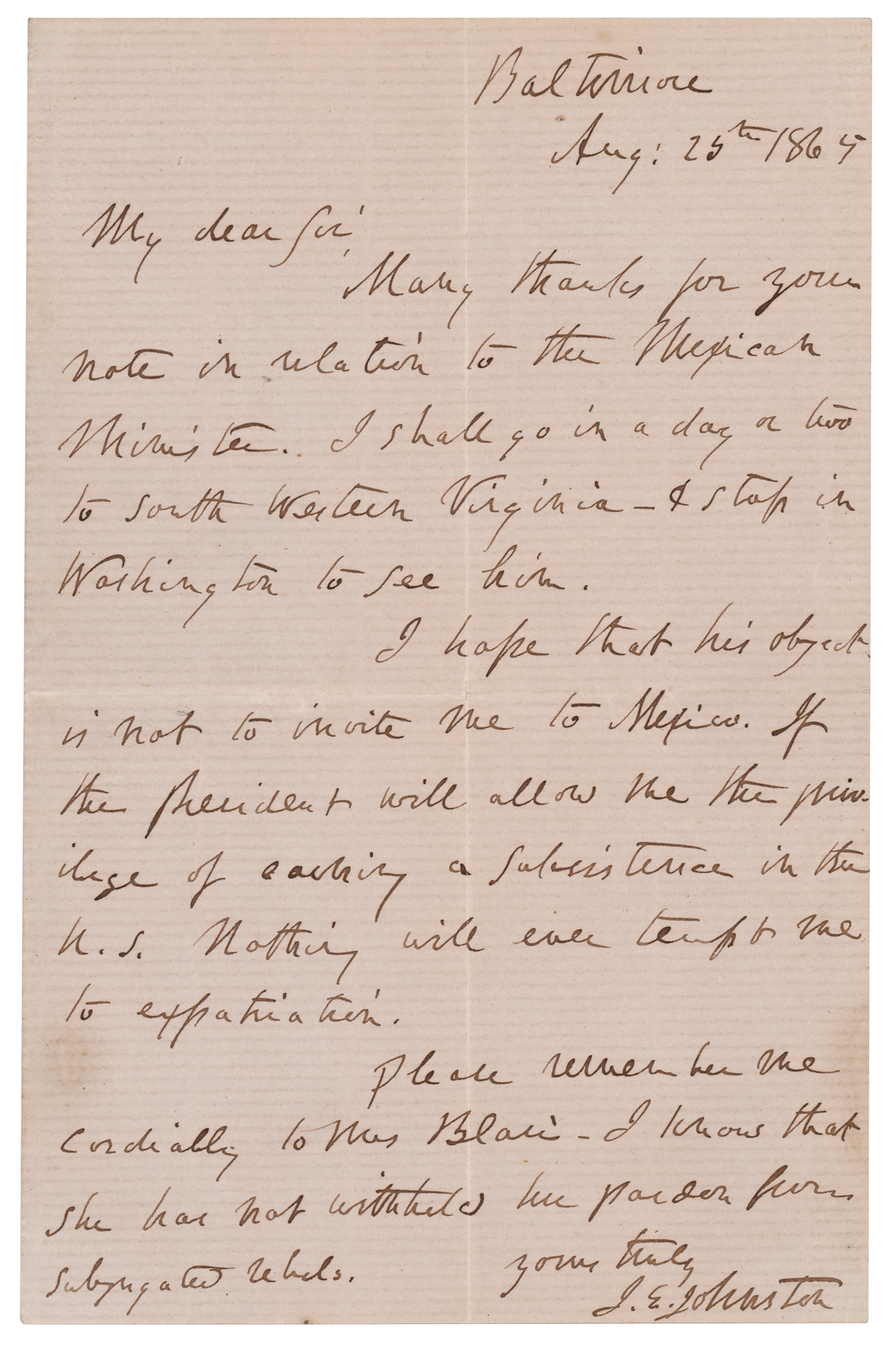 Joseph E. Johnston Autograph Letter Signed: "If the President