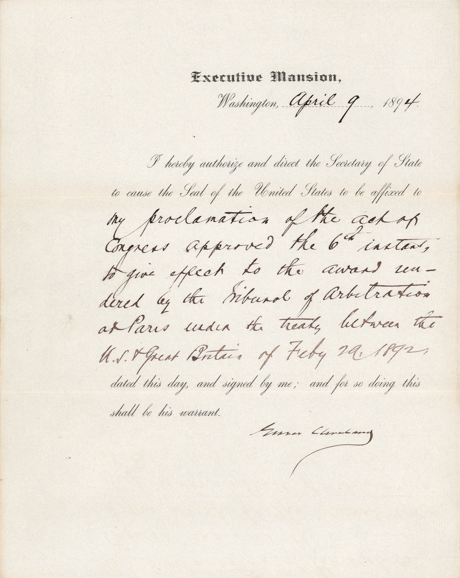 Grover Cleveland Document Signed as President, Prohibiting the Hunting