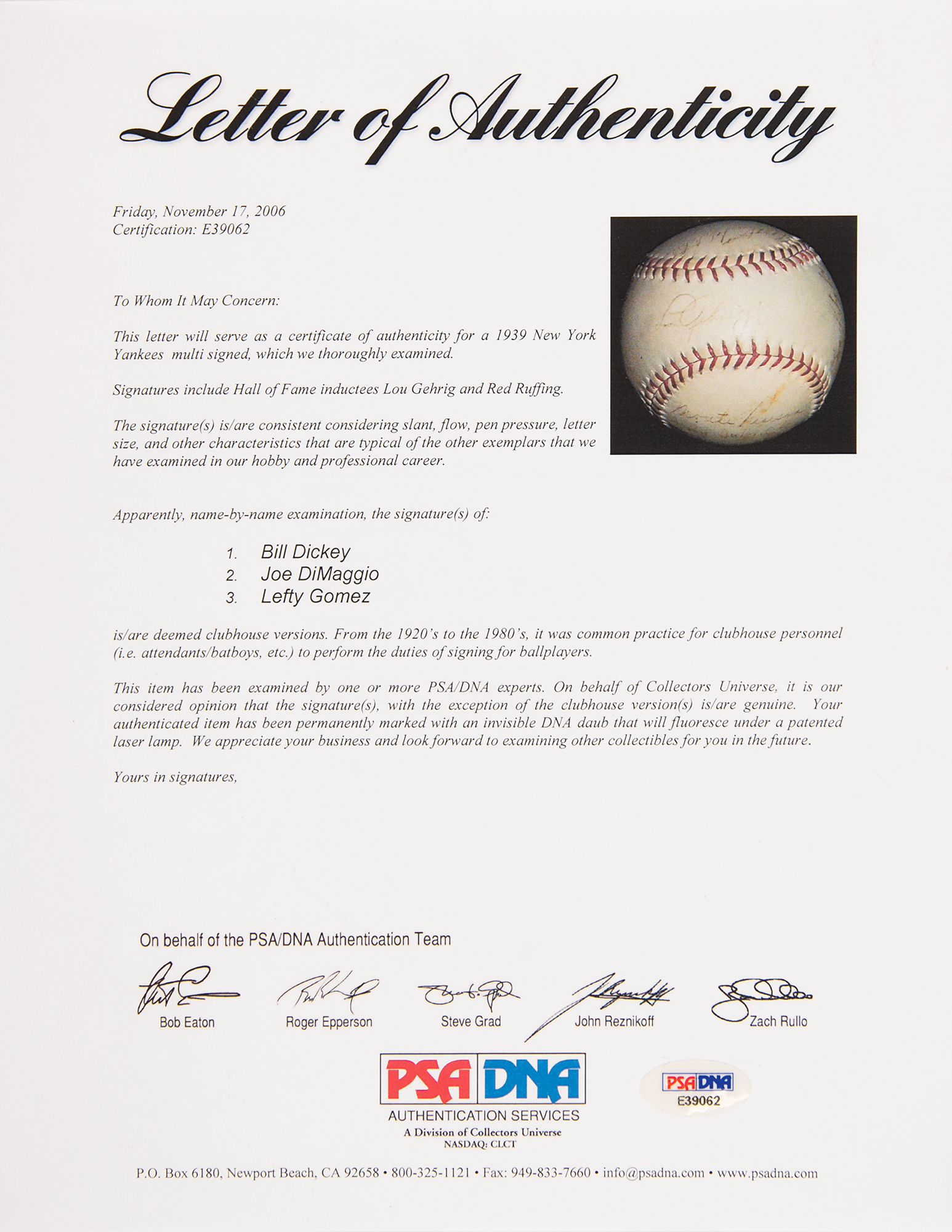 Lou Gehrig and 1939 NY Yankees Signed Baseball | RR Auction