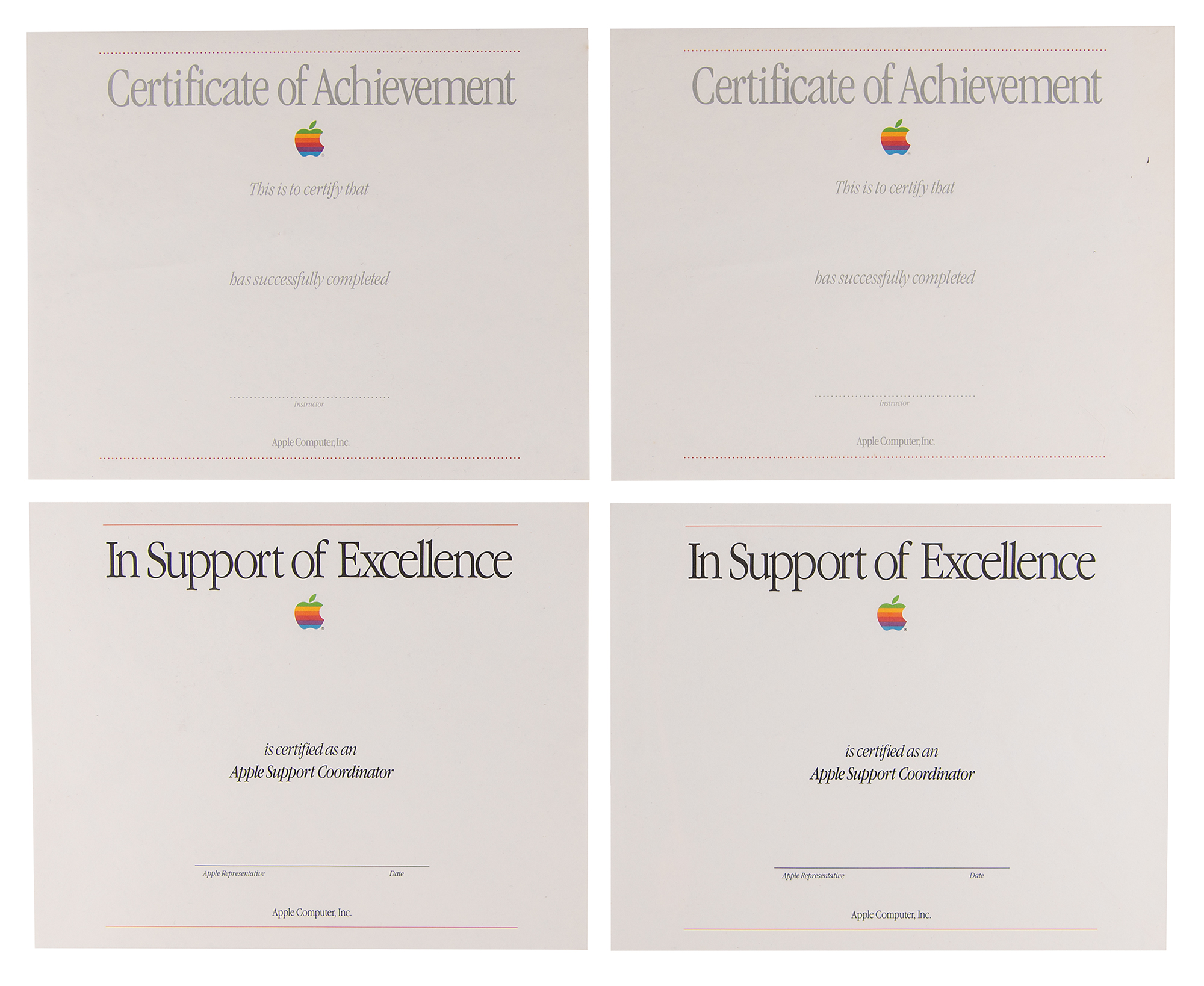 Apple Computer (4) Unissued Certificates of Excellence and Achievement