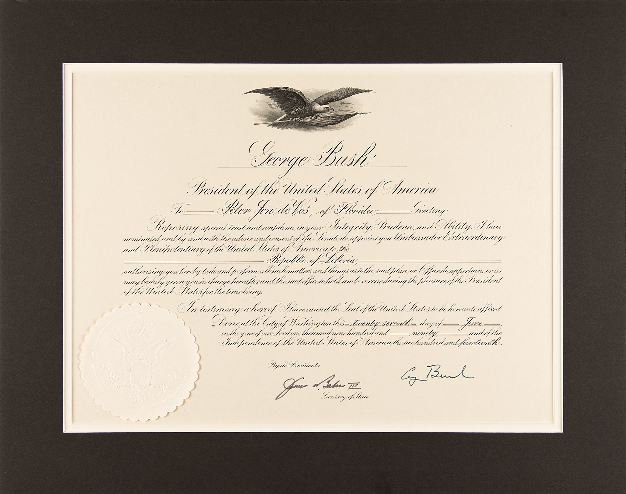 George Bush Document Signed as President, Appointing Ambassador to