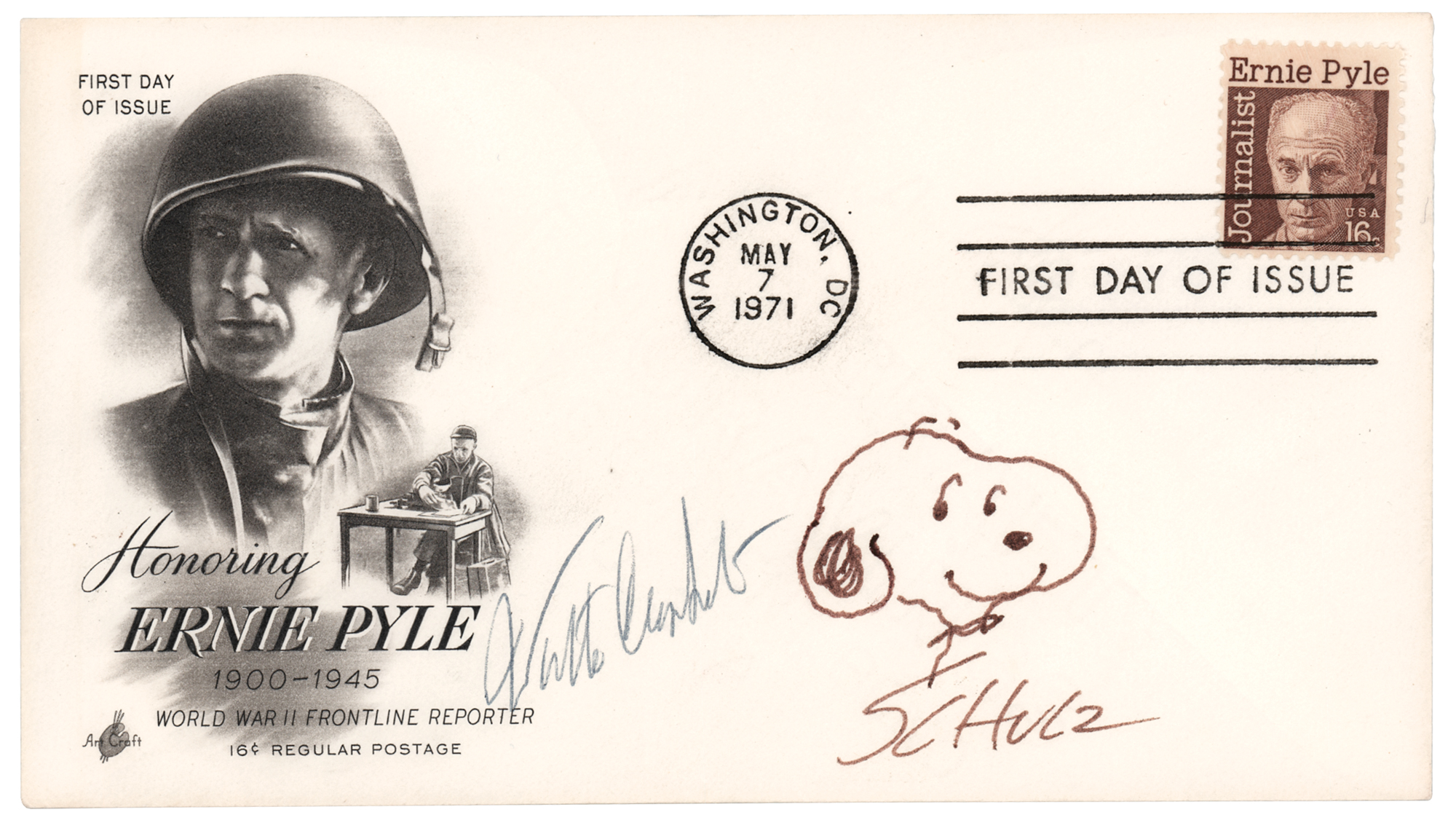 Charles Schulz Signed Snoopy Sketch on a First Day Cover, Also Signed