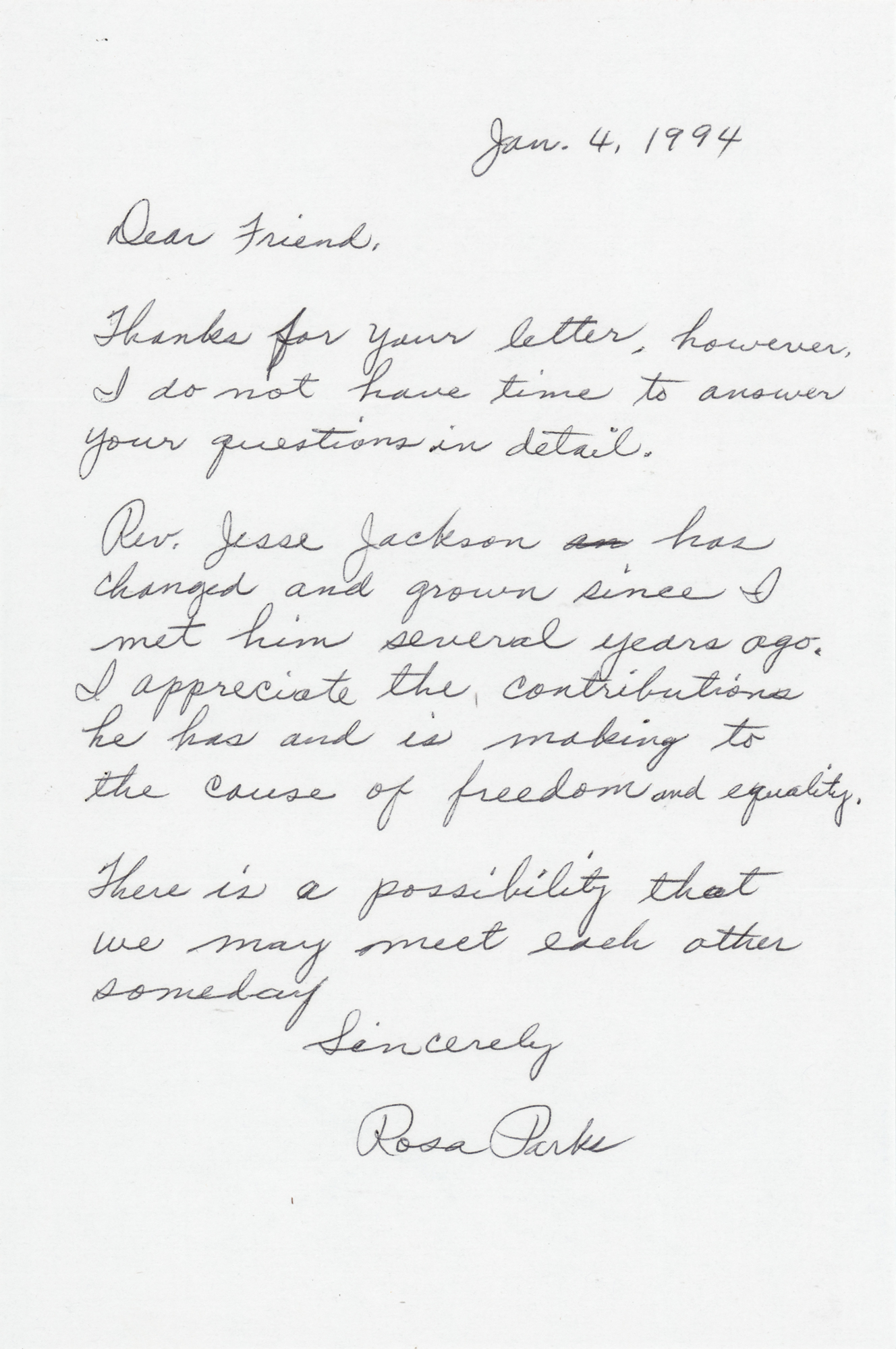 Rosa Parks Autograph Letter Signed on Rev. Jesse Jackson: "I