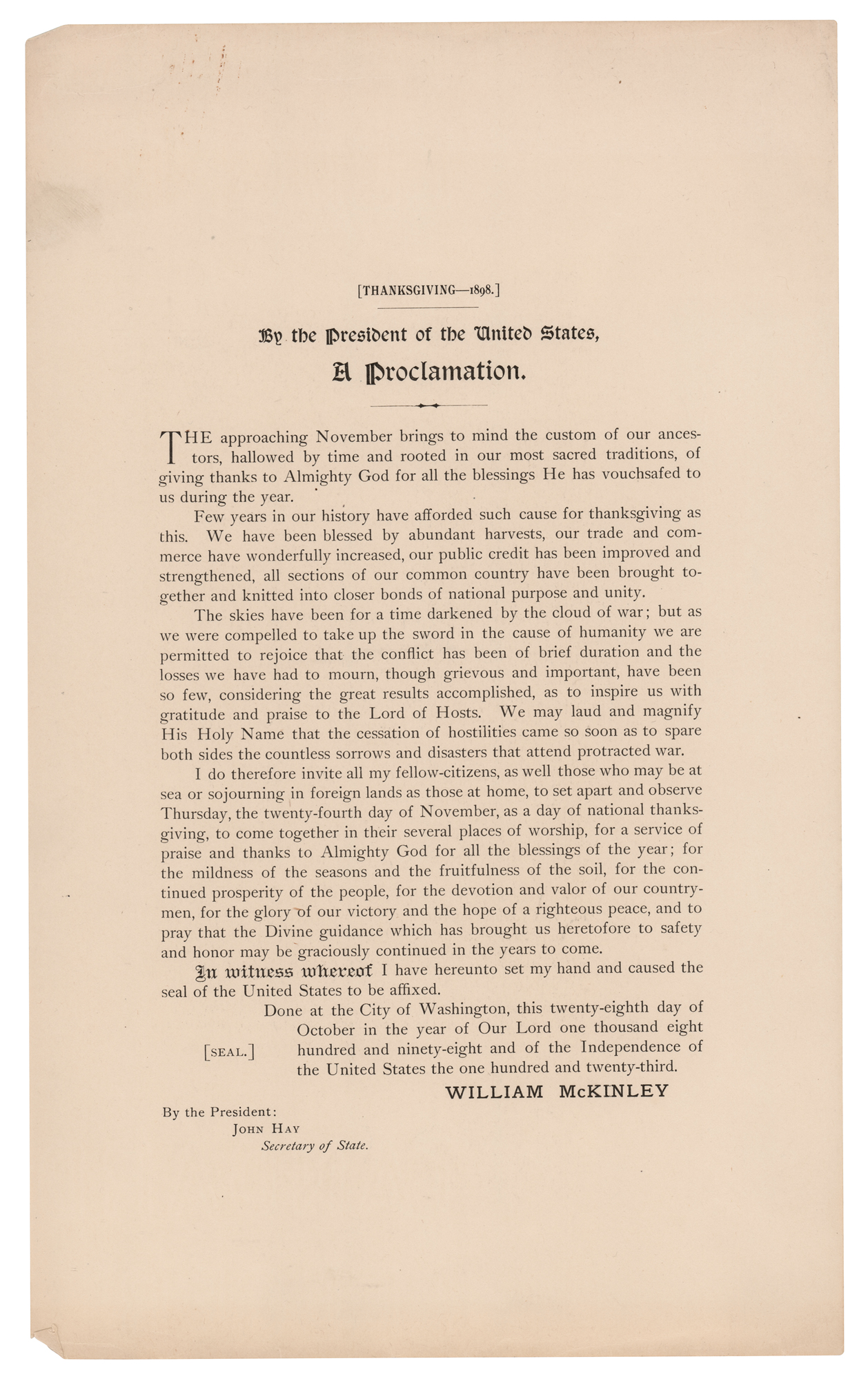 William McKinley Document Signed as President - Thanksgiving