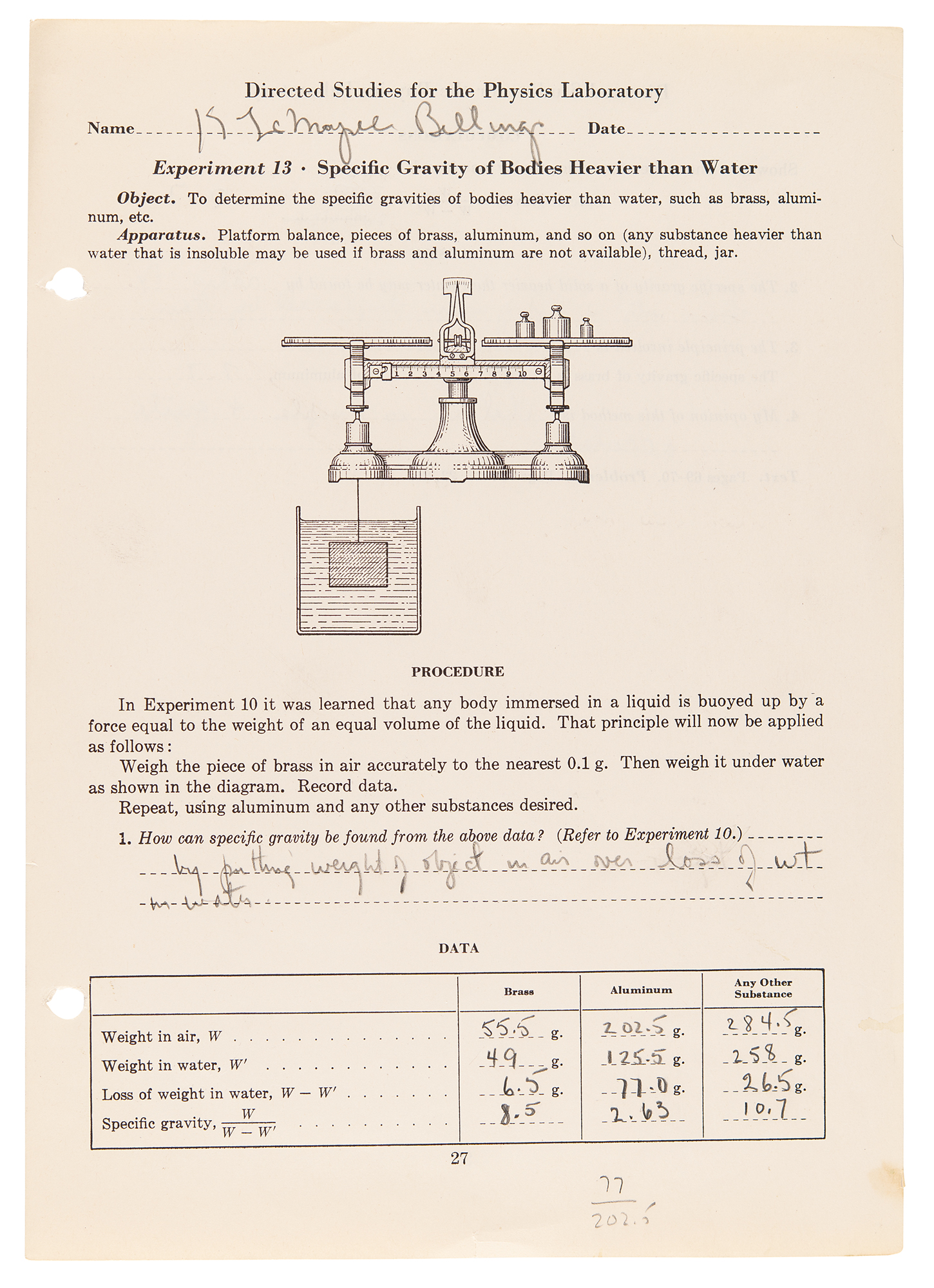 John F. Kennedy Choate Physics Lab Handwritten and Signed Worksheet