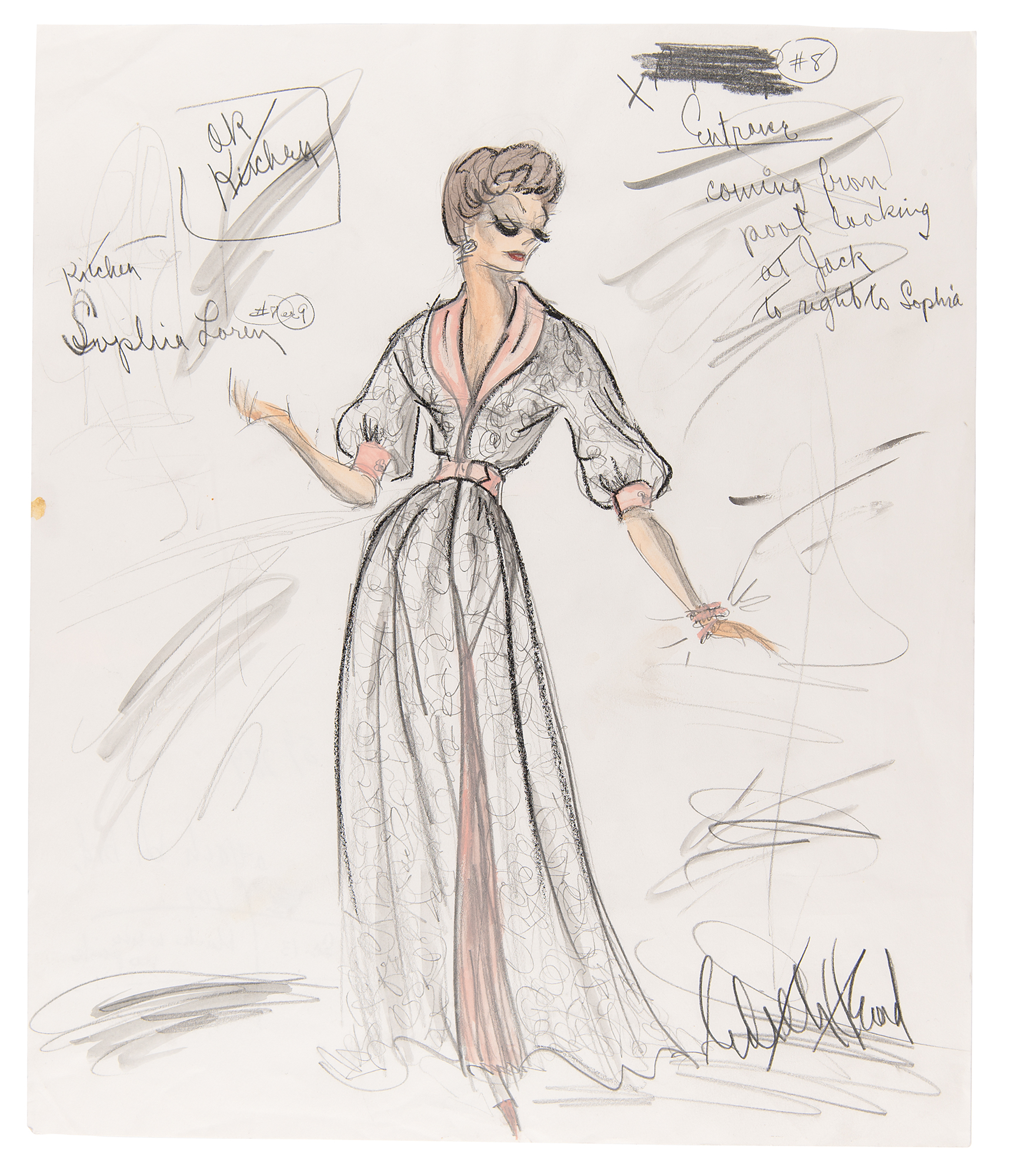Edith Head Signed Original Costume Sketch for Sophia Loren in