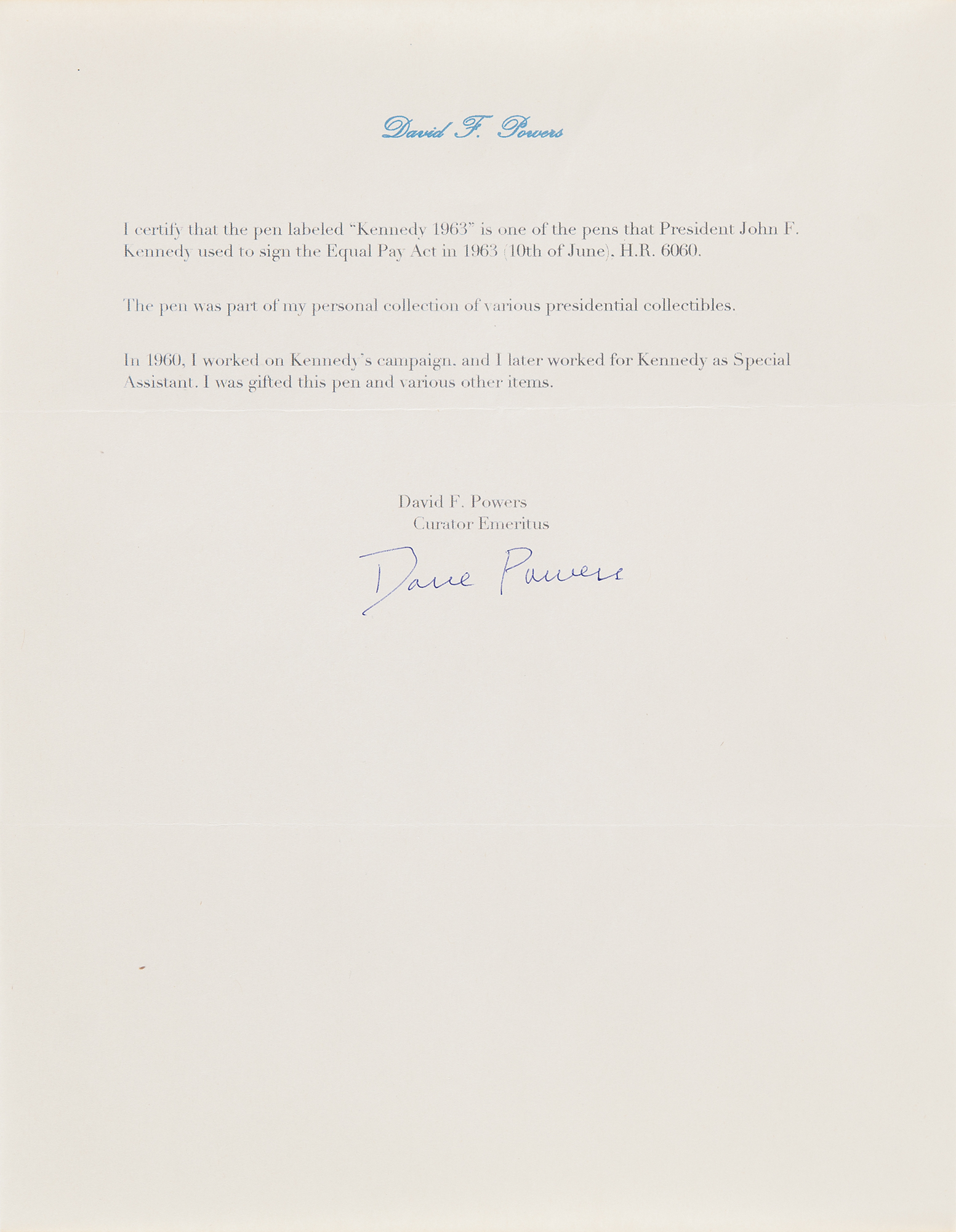 John F. Kennedy 1963 Equal Pay Act Bill Signing Pen - From the