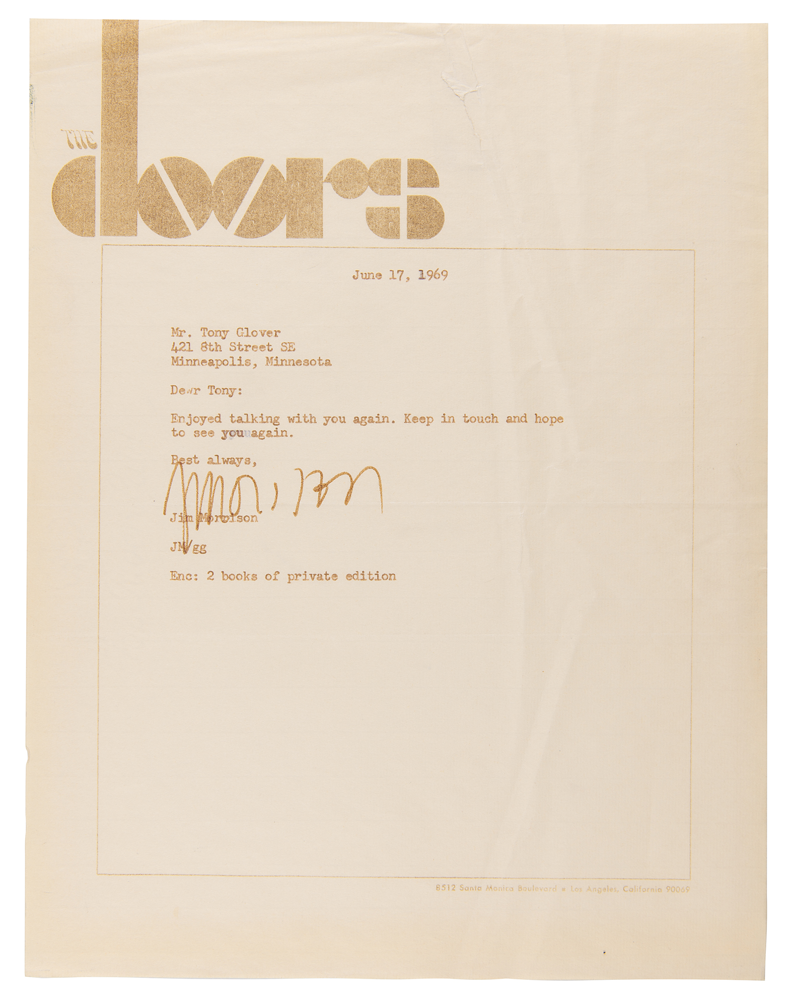 Jim Morrison Typed Letter Signed to Tony Glover | RR Auction