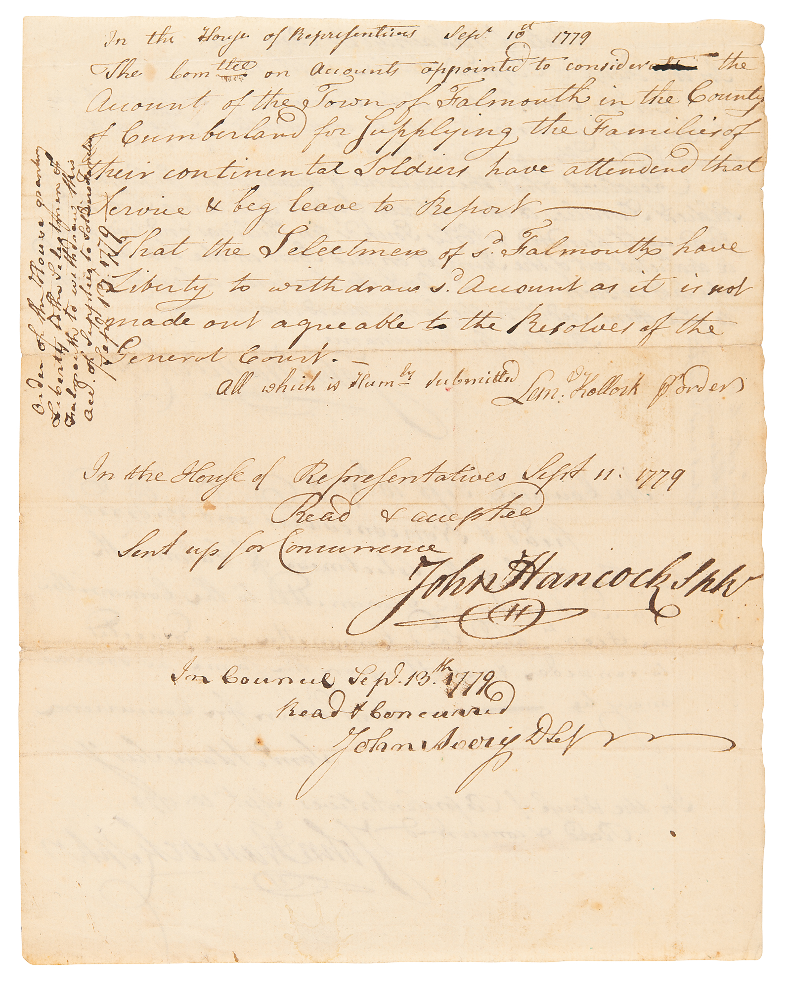 John Hancock Rare Revolutionary War-Dated Triple-Signed Document,