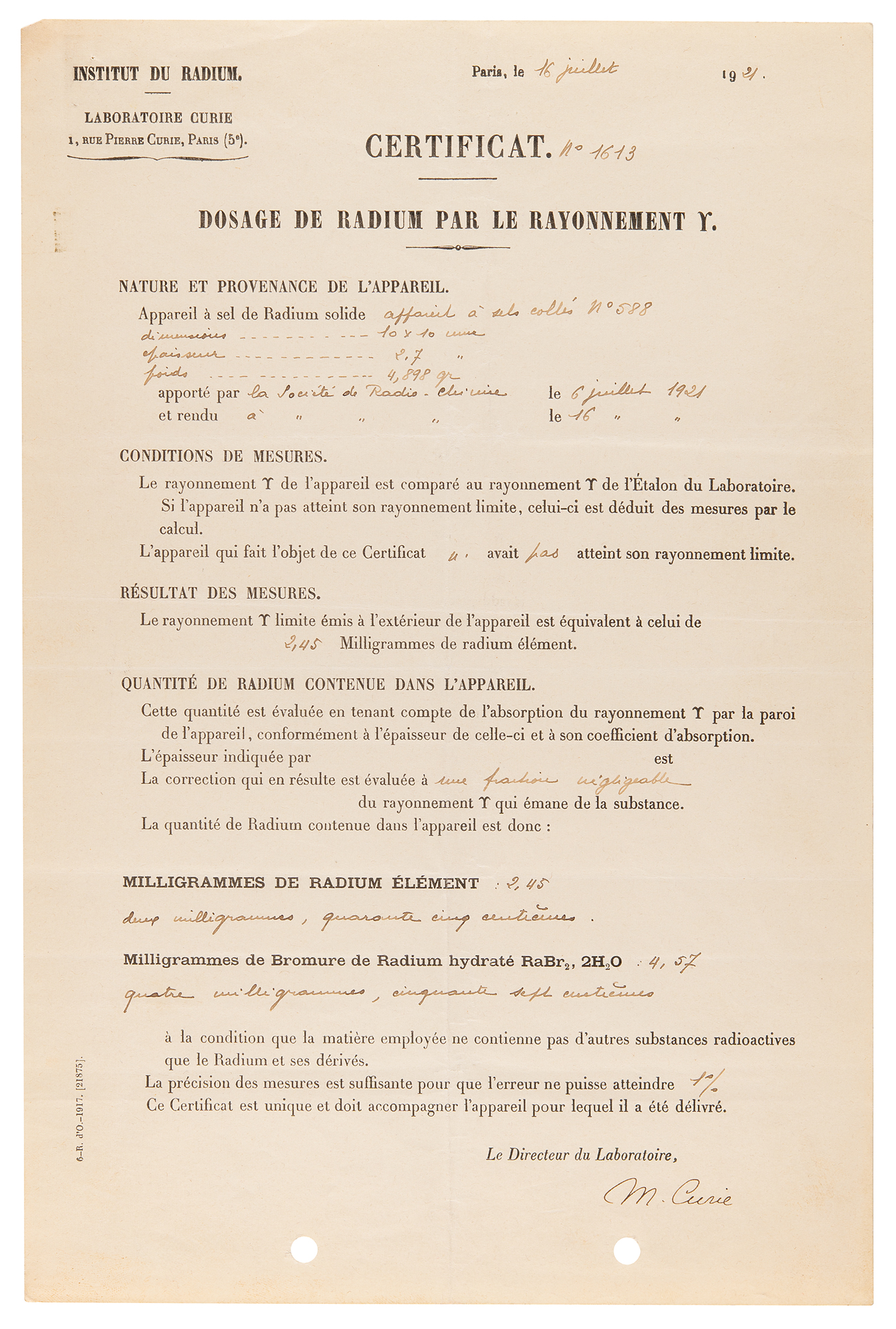 Marie Curie Document Signed - Certificate of Assay for the Emission of