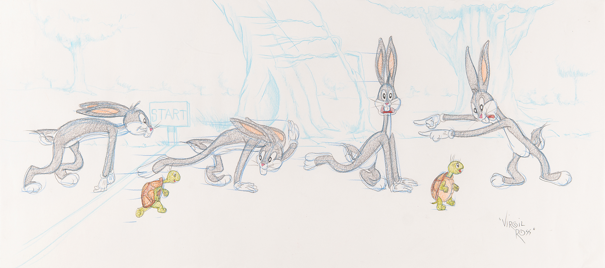 Bugs Bunny and Cecil Turtle panoramic color model drawing by Virgil