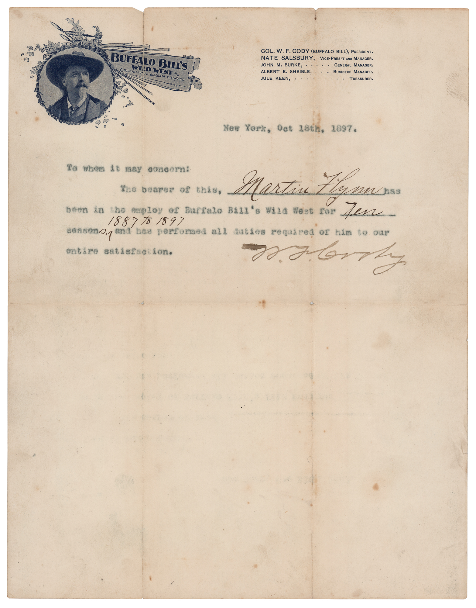 William F. 'Buffalo Bill' Cody Typed Letter Signed,