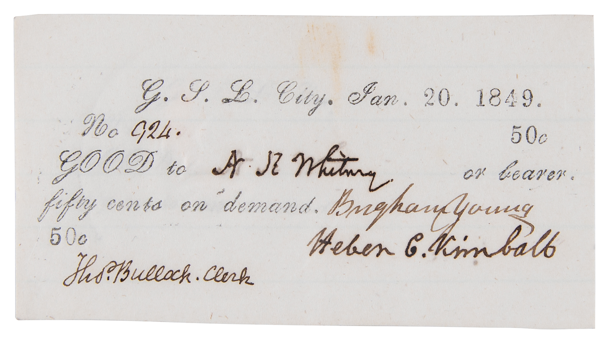 Brigham Young Rare Complete Set of Signed 1849 Mormon Currency