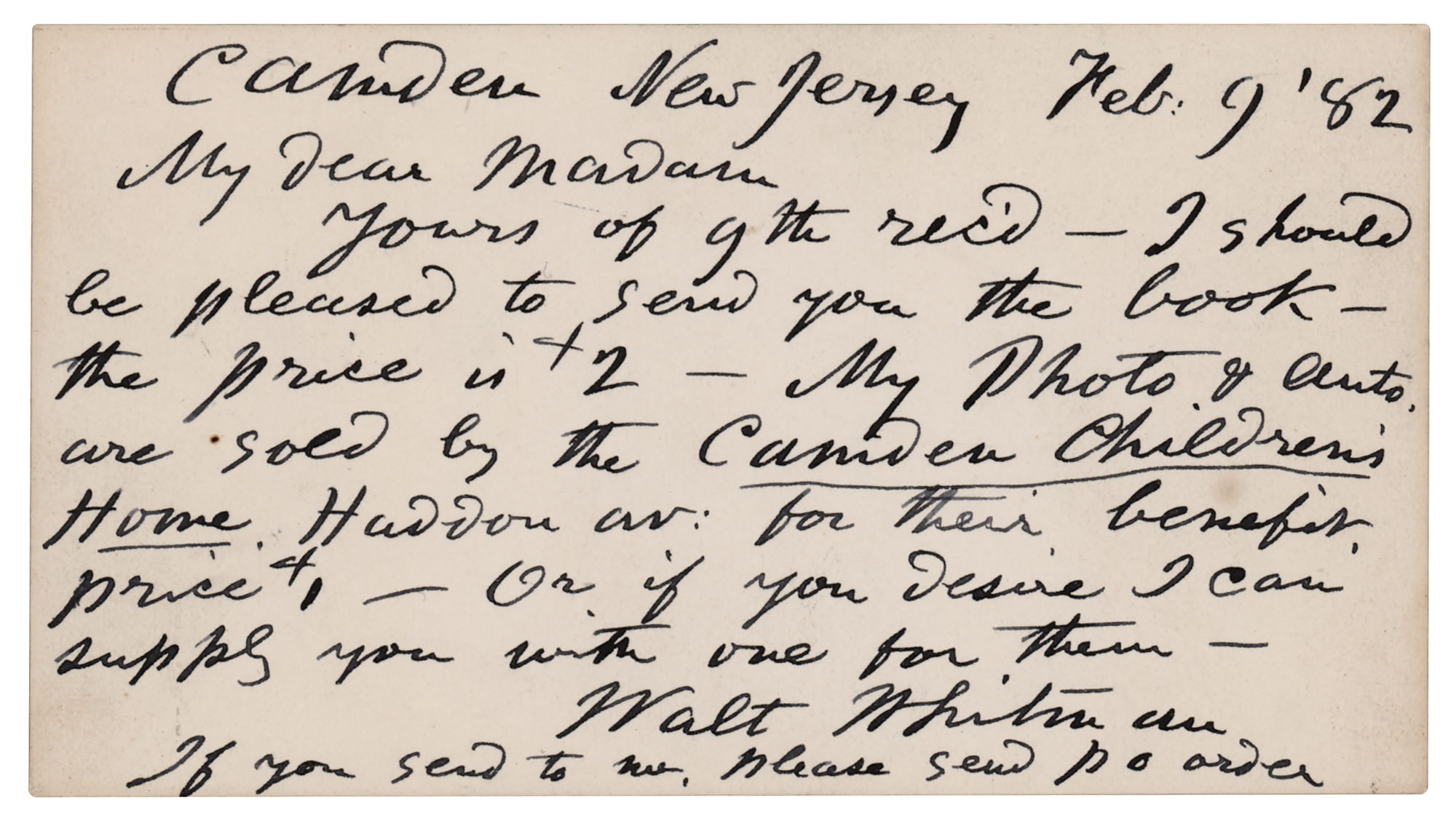 Walt Whitman Autograph Letter Signed: "My photo & autograph