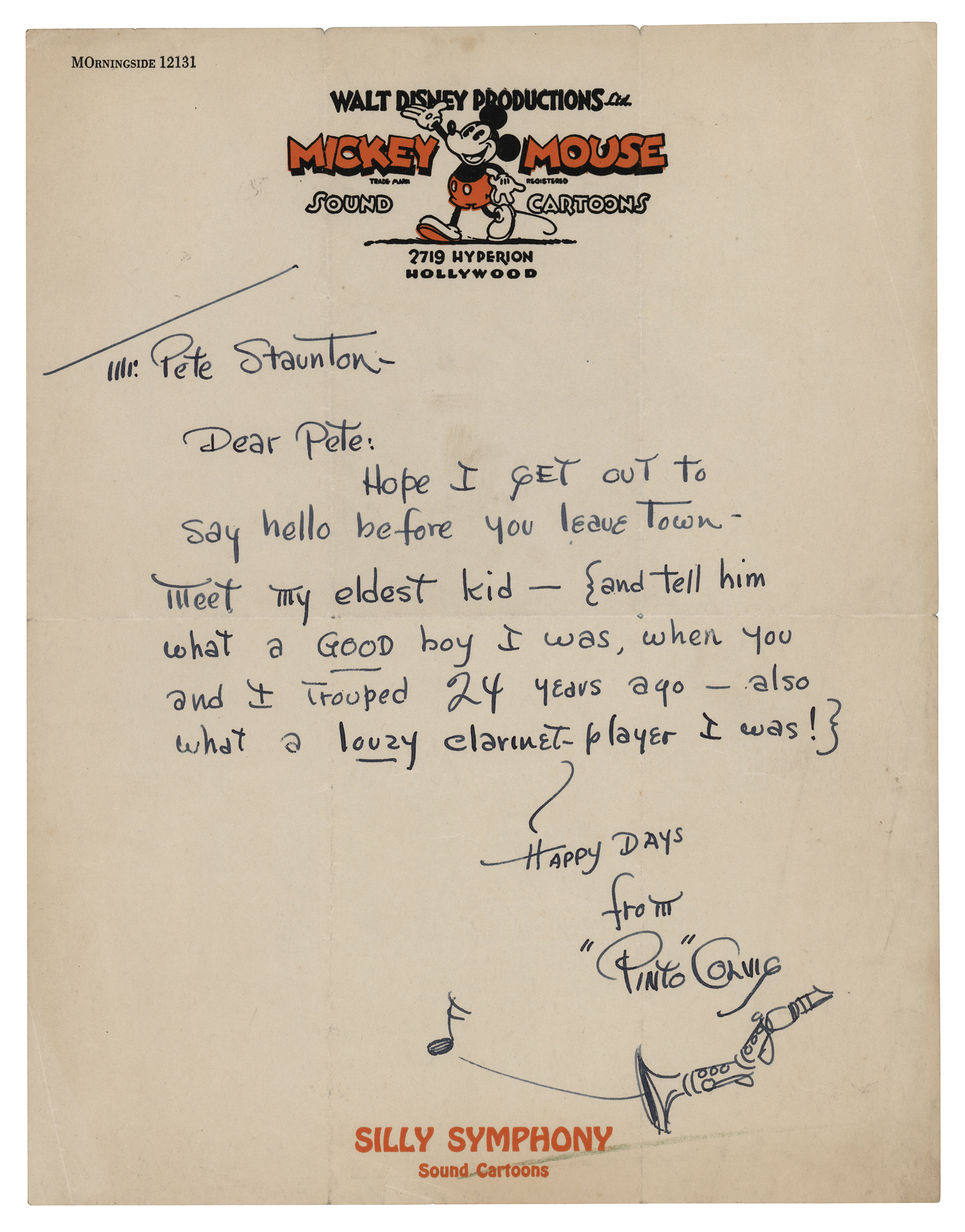 Pinto Colvig Autograph Letter Signed on Fantastic, Early Mickey Mouse