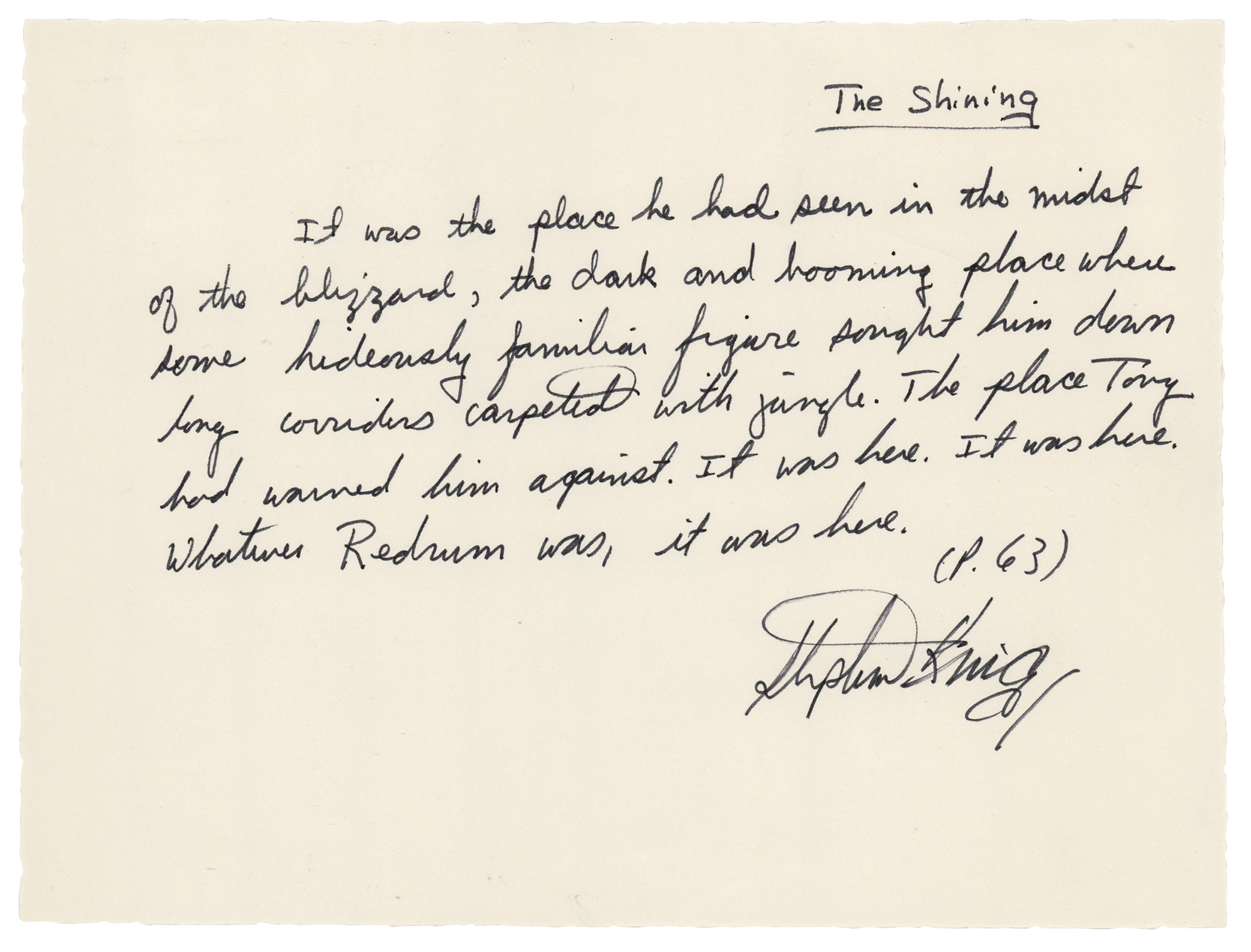 Stephen King Autograph Quotation Signed from The Shining: