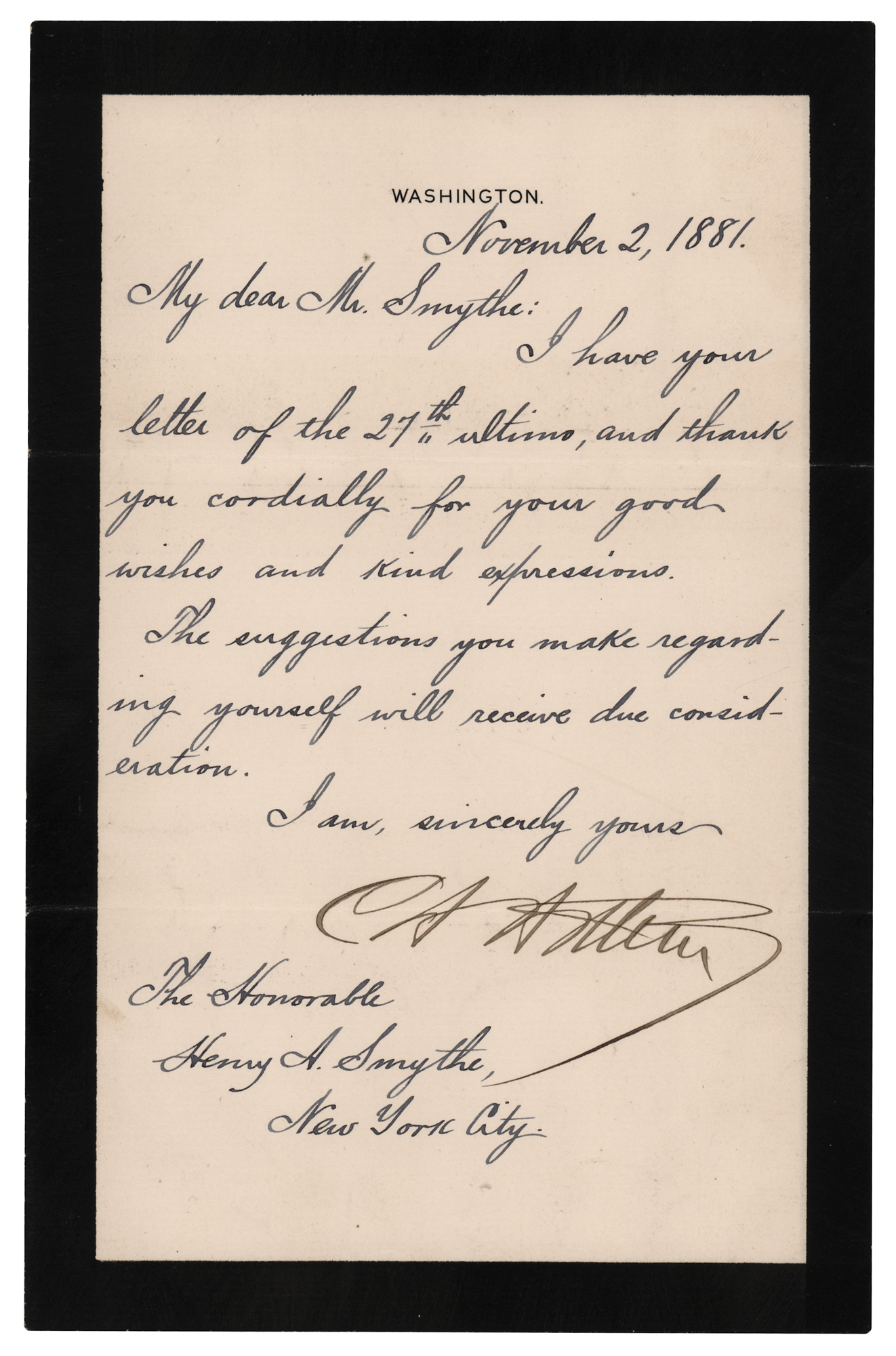 Chester A. Arthur Letter Signed as President on Black-Bordered