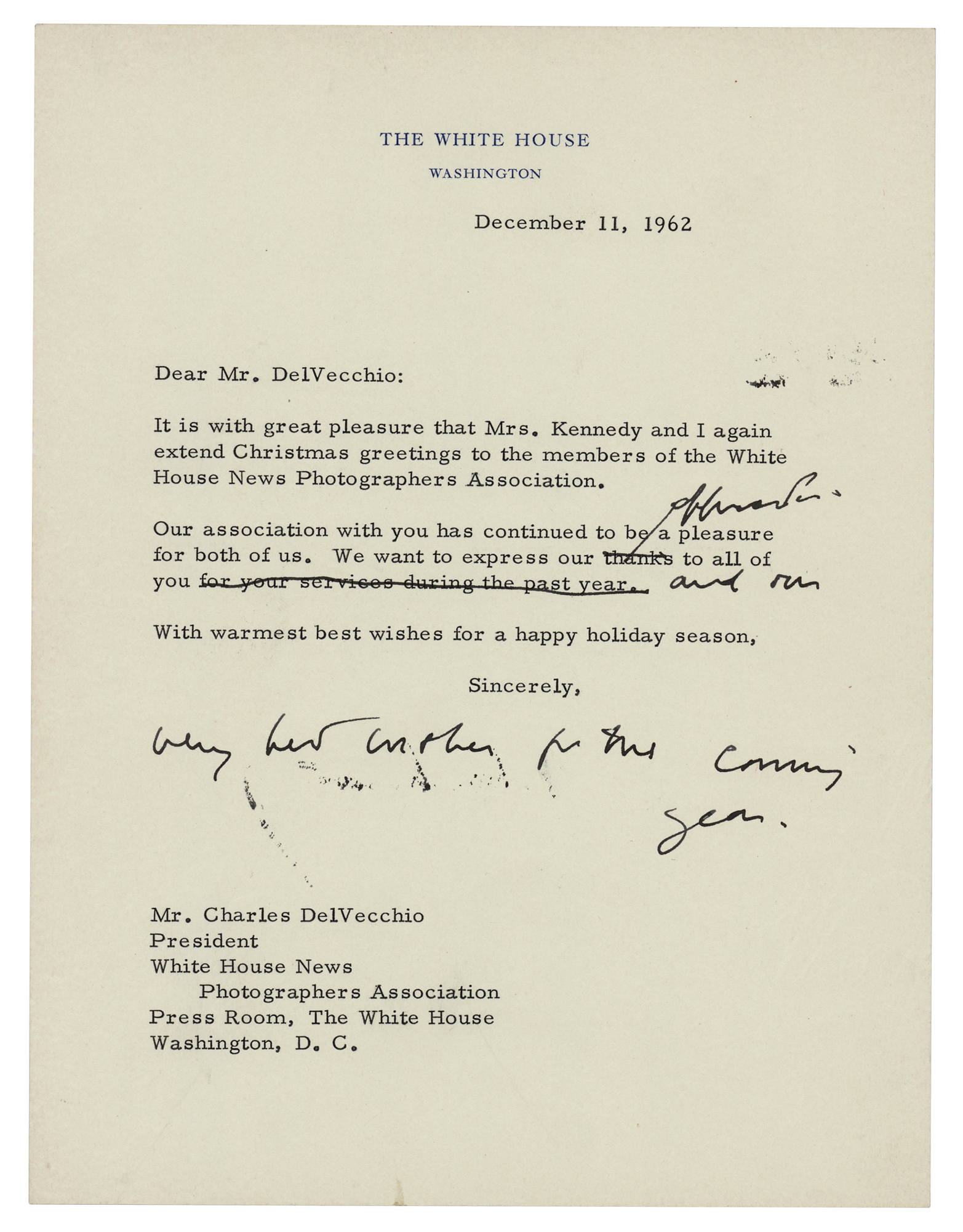 John F. Kennedy Hand-Corrected Typed Letter Draft as President,