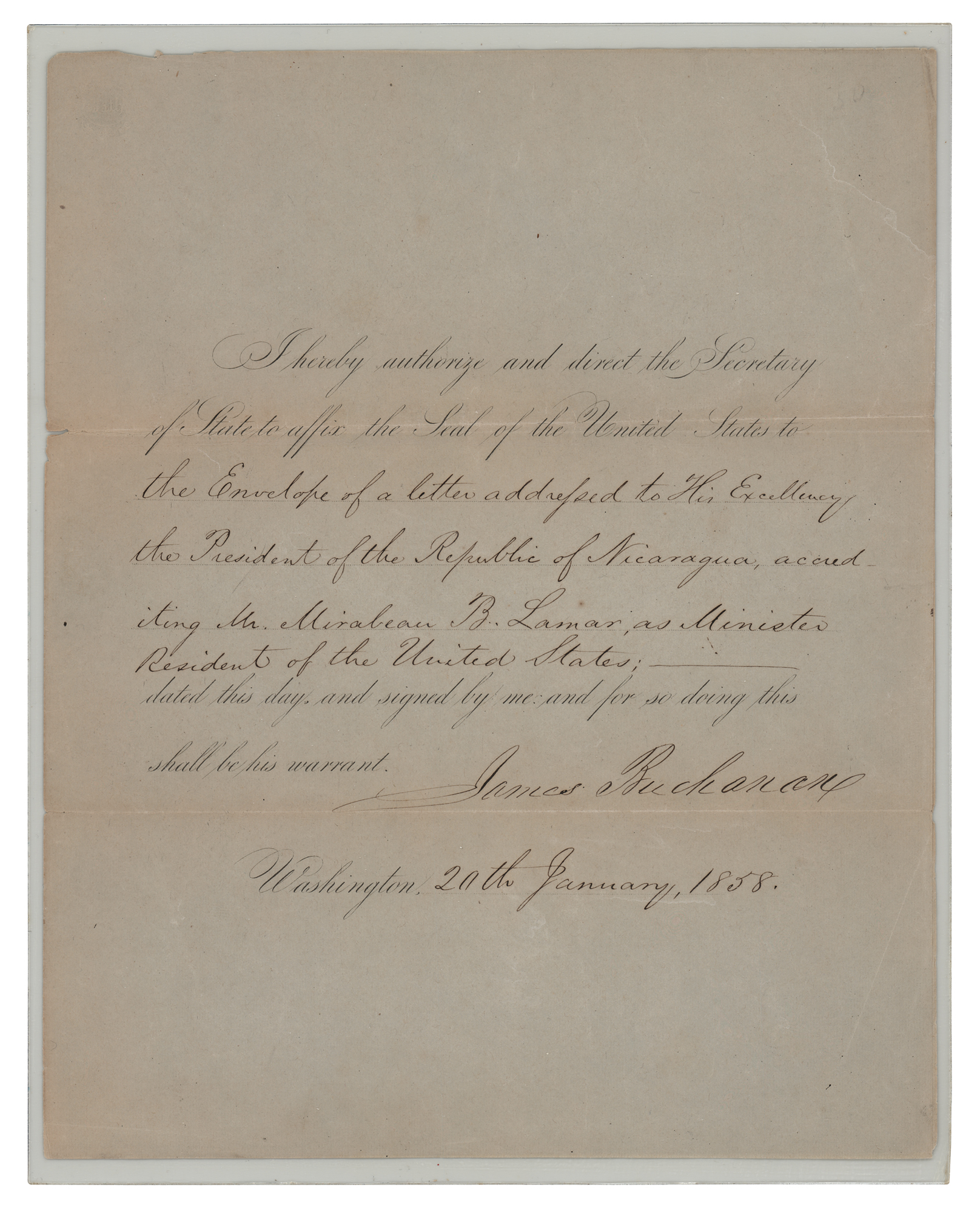 James Buchanan Document Signed as President, Announcing Former Texas