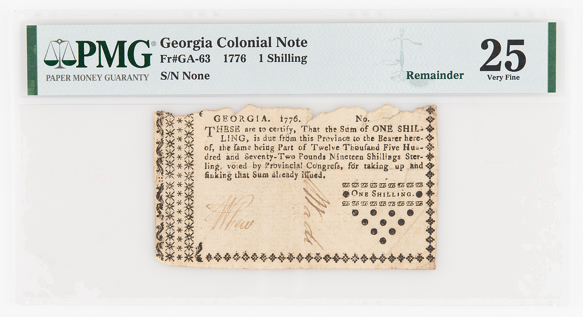 William Few Signed Revolutionary War-Dated Georgia Colonial Currency