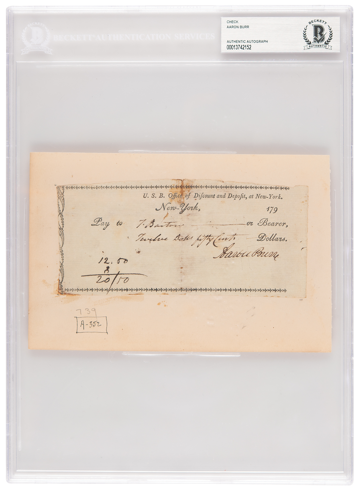 Aaron Burr Signed Check | RR Auction