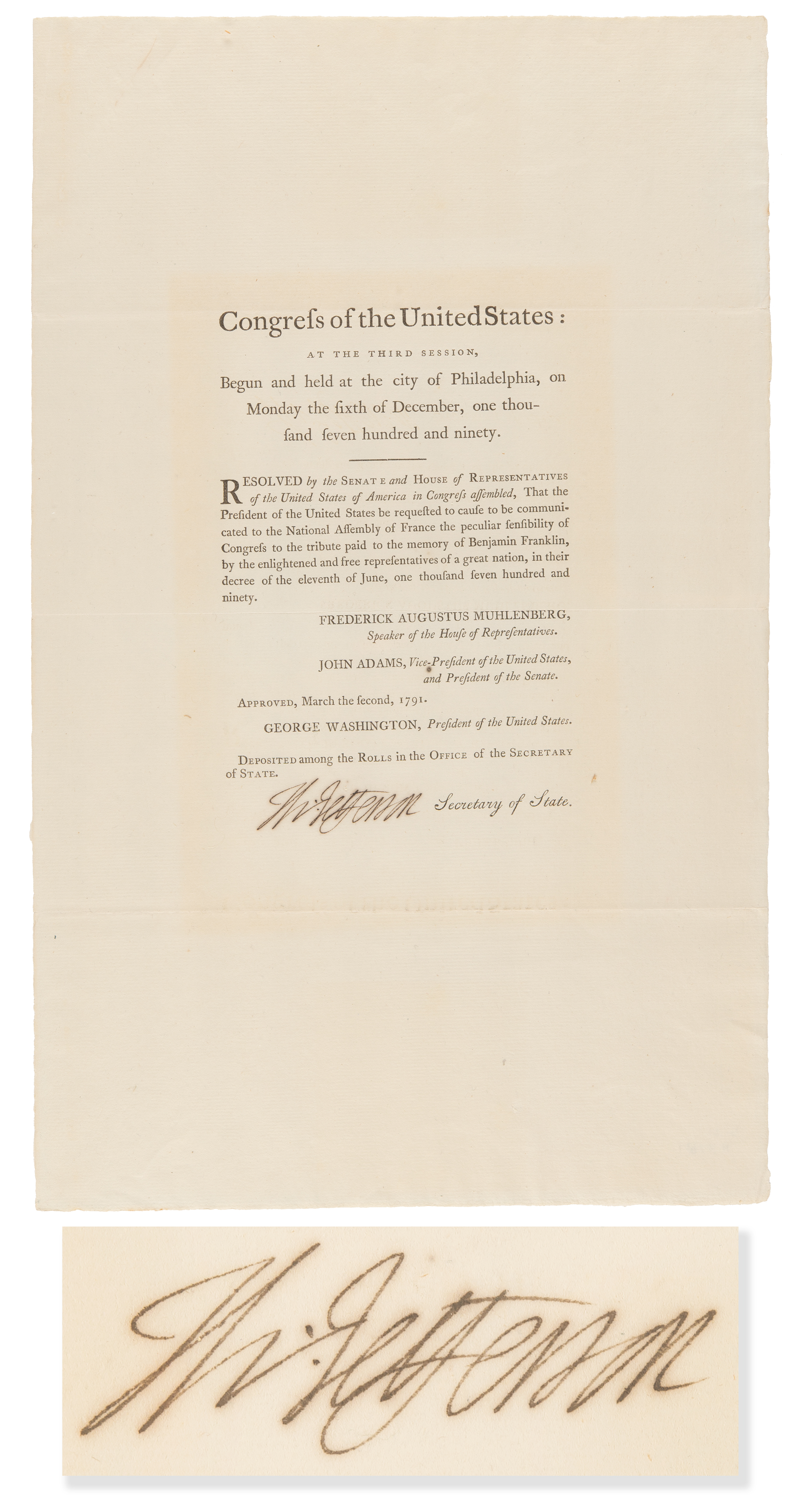 Thomas Jefferson Document Signed as Secretary of State, Acknowledging