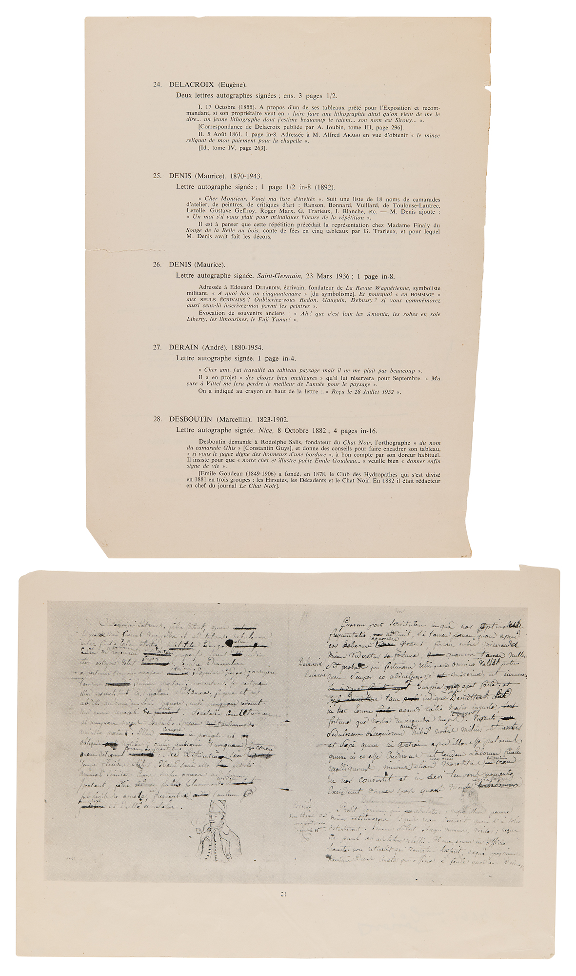 Eugene Delacroix (2) Handwritten Manuscripts with Original Watercolor