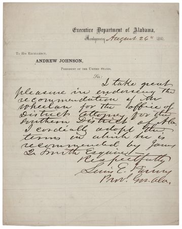 Lewis E. Parsons Autograph Letter Signed to President Andrew Johnson