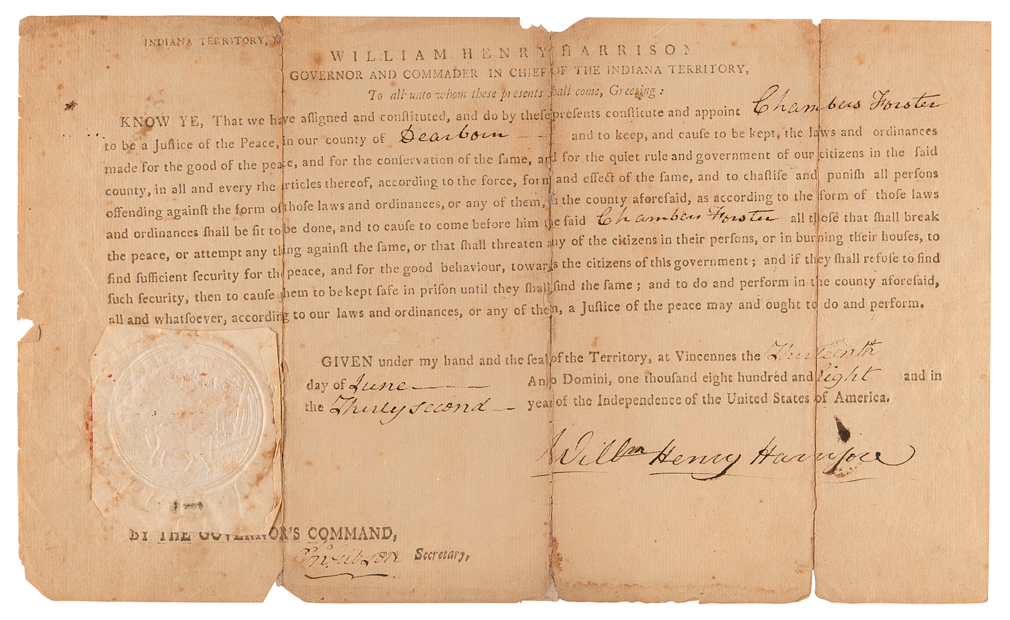 William Henry Harrison Document Signed as Governor of Indiana
