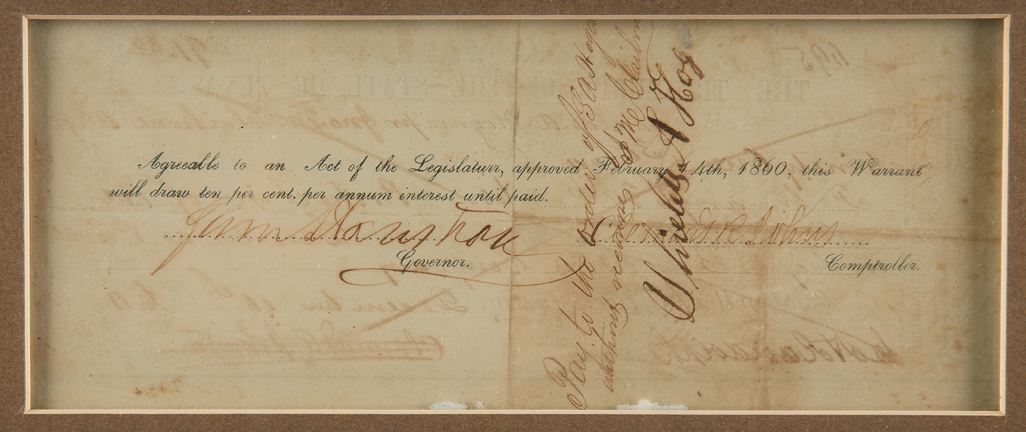 Sam Houston Document Signed as Governor of Texas for "protection