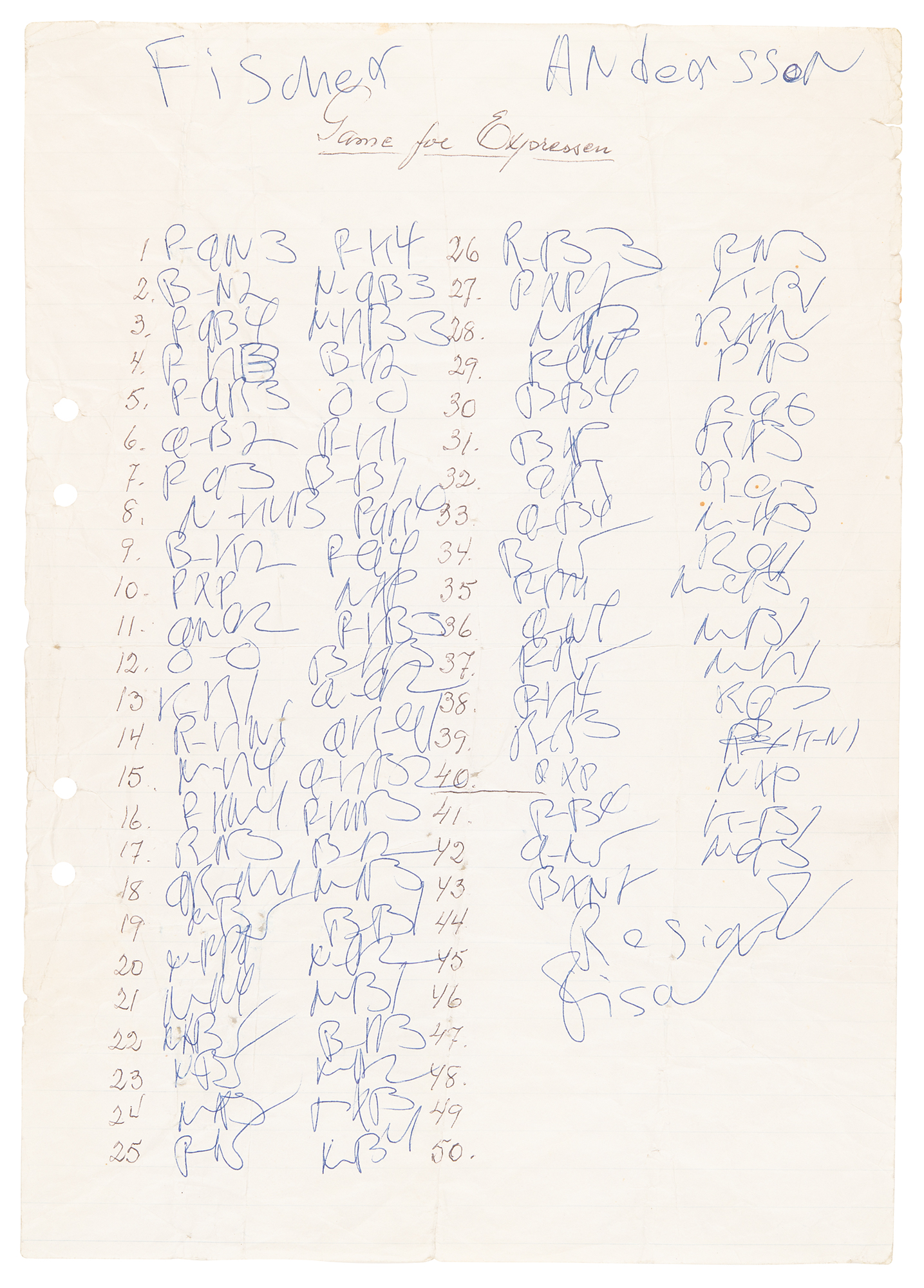 Bobby Fischer's Autograph Score Sheet - 'Fischer v. Andersson' (1970)