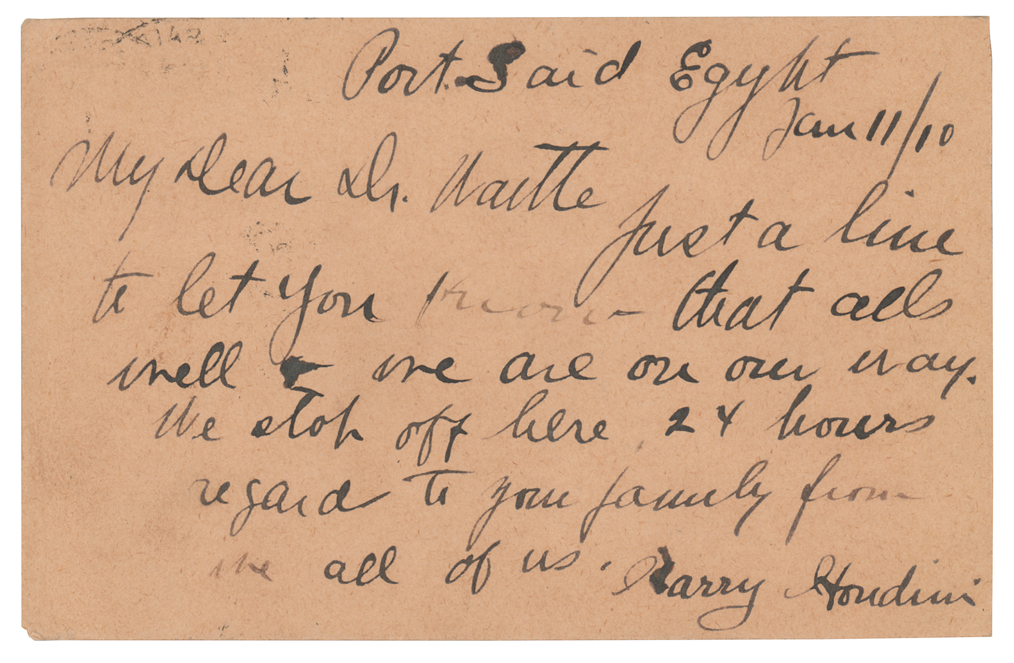 Harry Houdini Autograph Letter Signed - Postcard Mailed from Egypt in