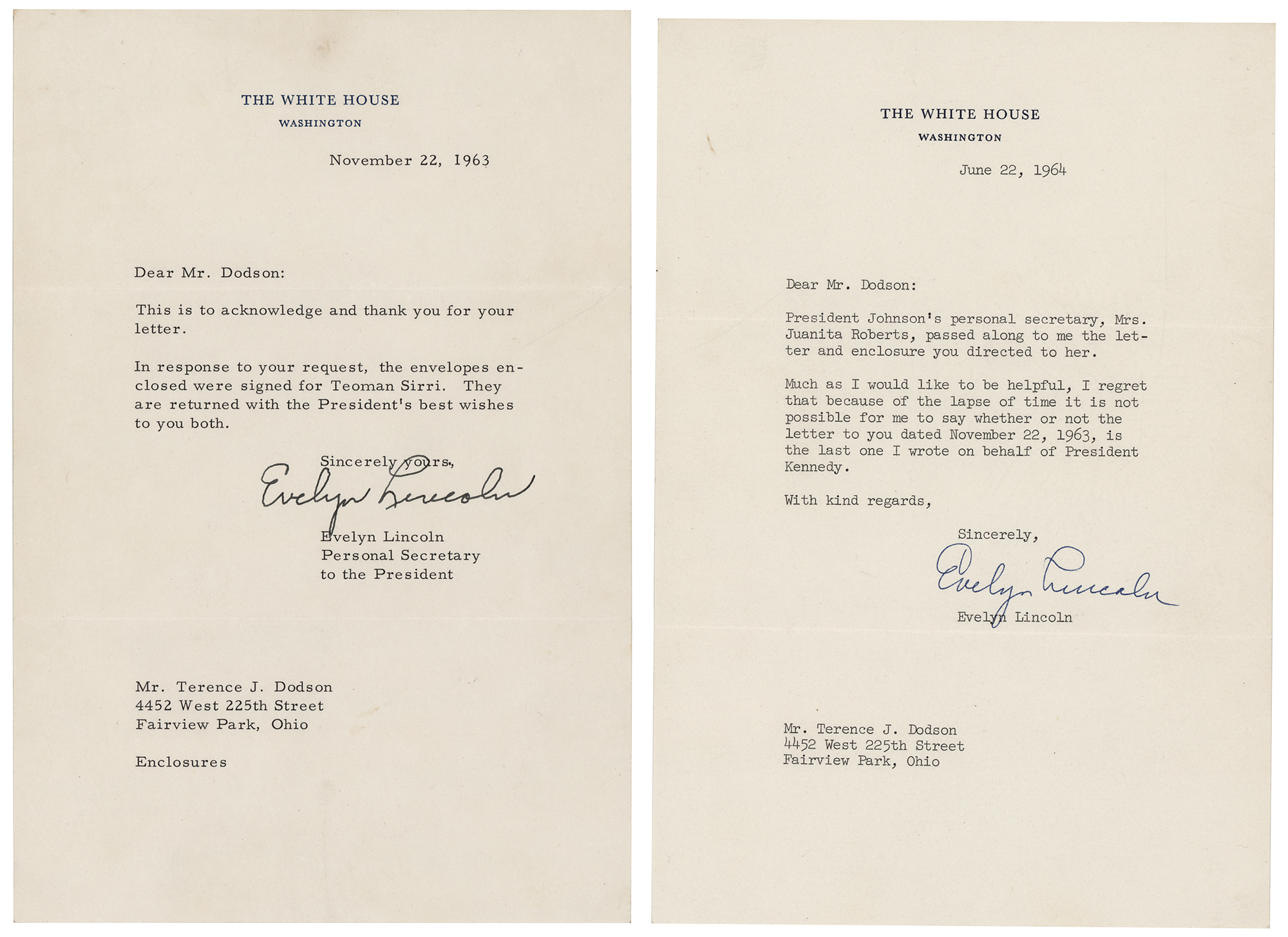 John F. Kennedy: Evelyn Lincoln (2) Typed Letters Signed - One Dated
