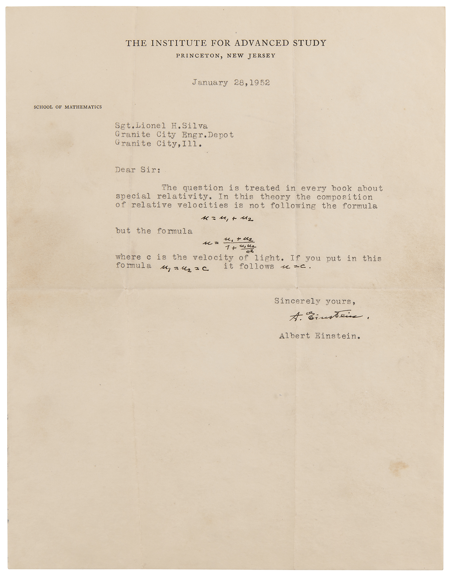 Albert Einstein Typed Letter Signed with Handwritten Velocity Addition
