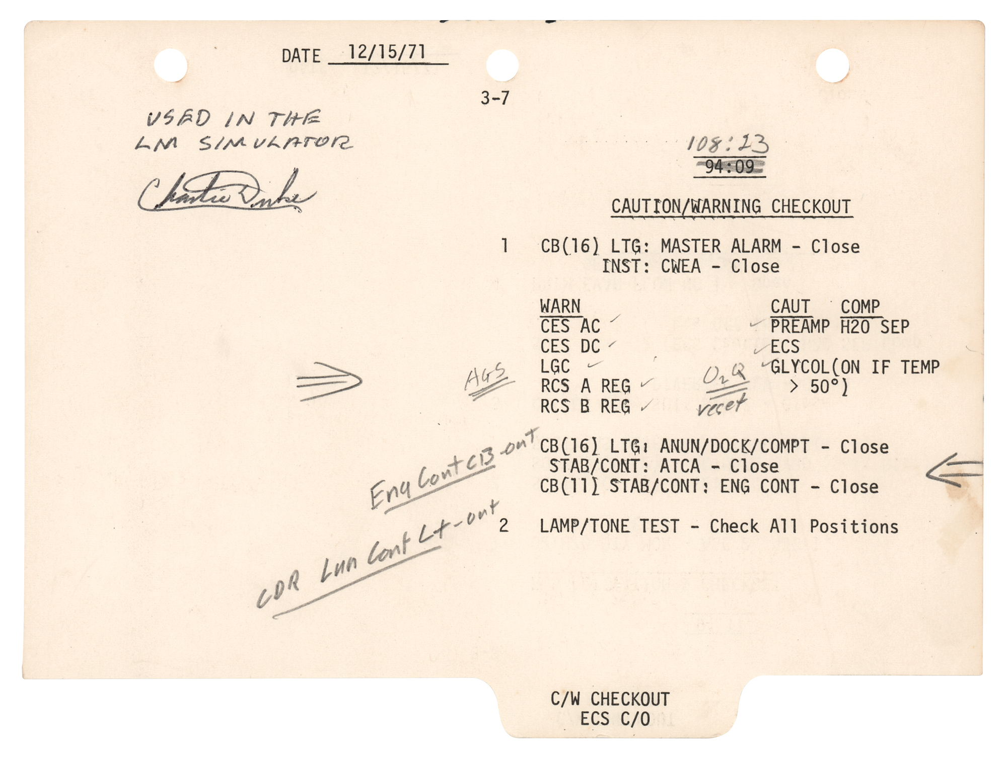 Charlie Duke Signed Apollo 16 LM Simulator Training Checklist | RR