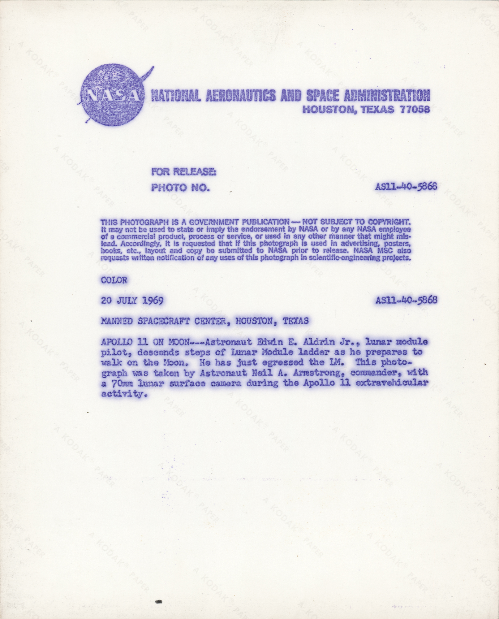 Apollo 11 Original 'Type 1' Photograph: Buzz Aldrin Descends LM Ladder