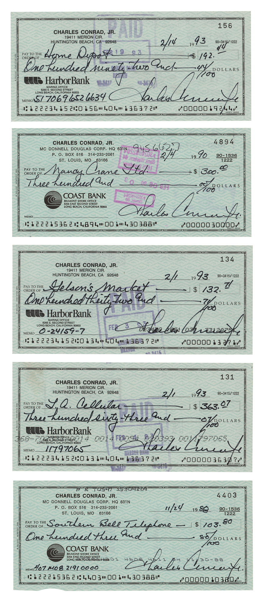 Charles Conrad (5) Signed Checks | RR Auction