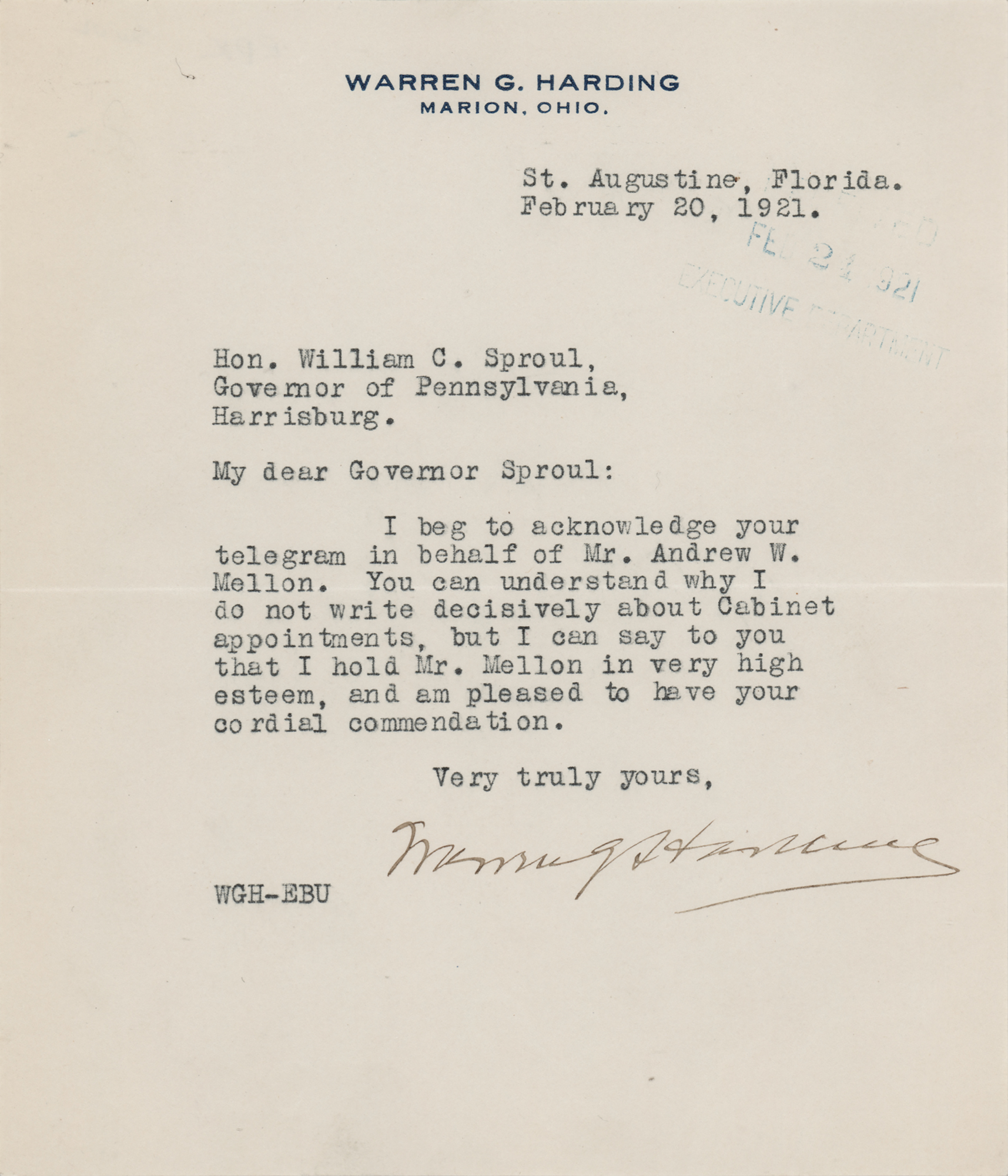 Warren G. Harding Typed Letter Signed on Andrew Mellon: "I do not