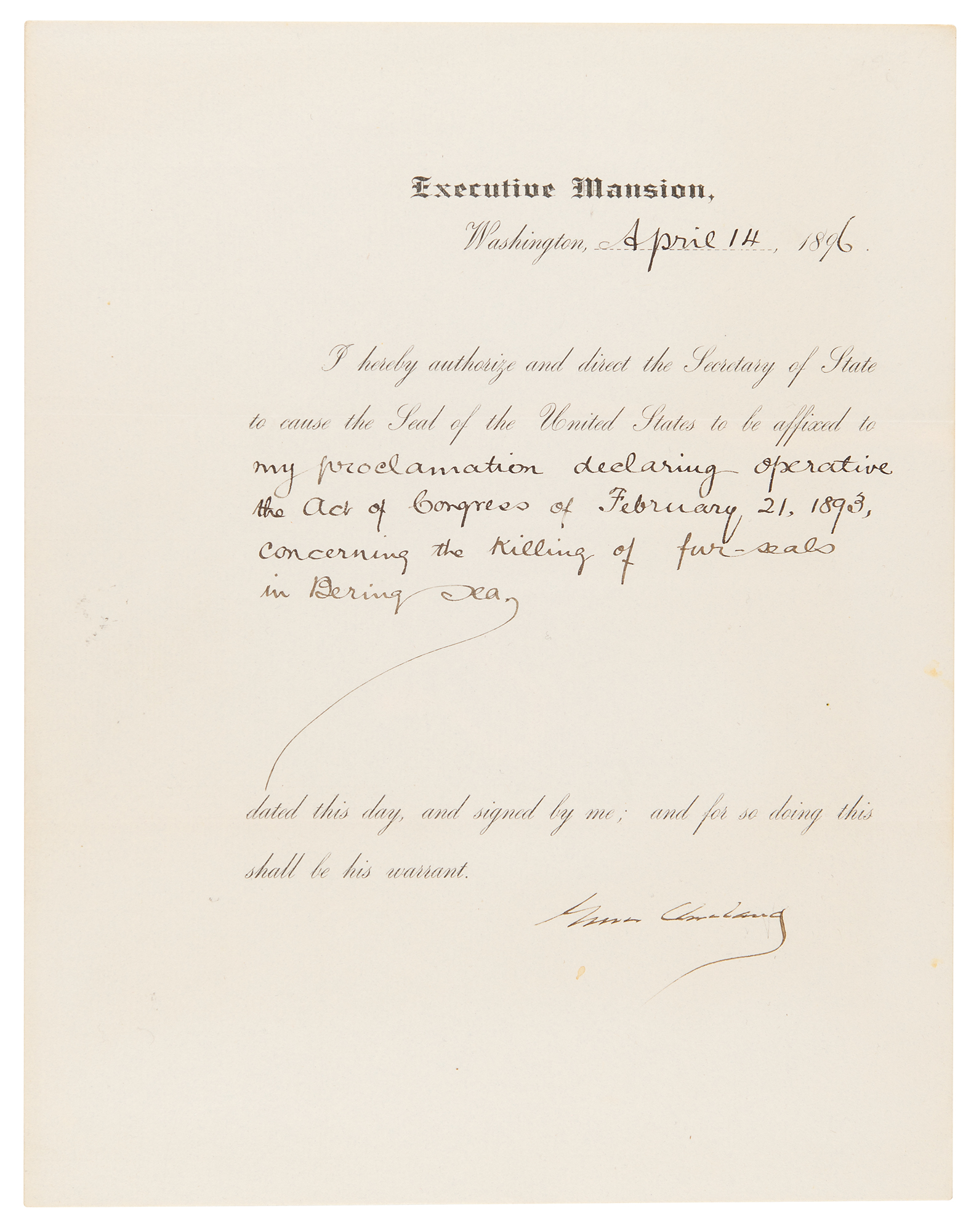 President Grover Cleveland Prohibits the Hunting of Fur Seals in the