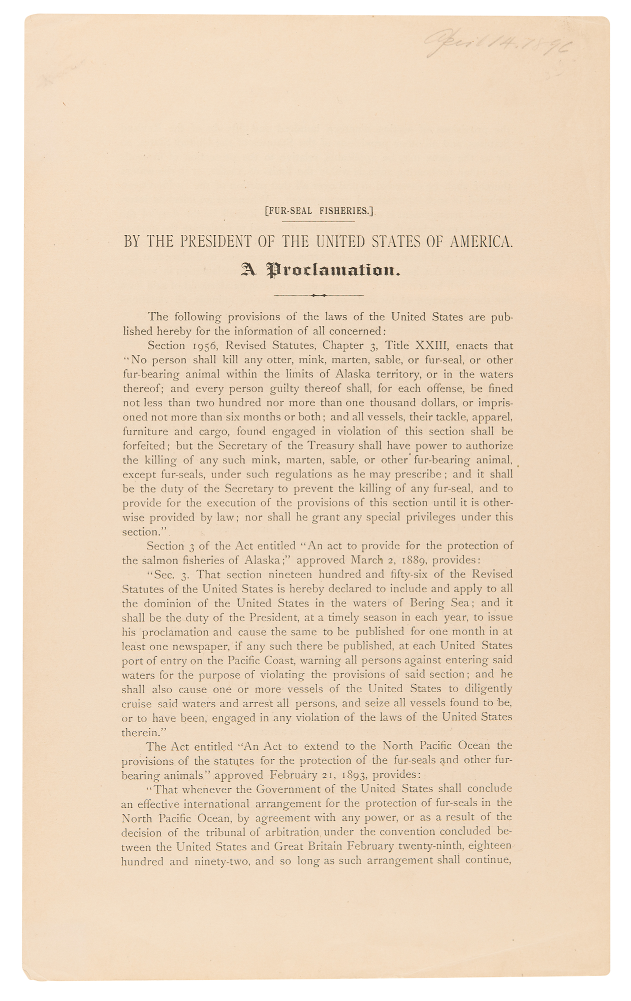 President Grover Cleveland Prohibits the Hunting of Fur Seals in the