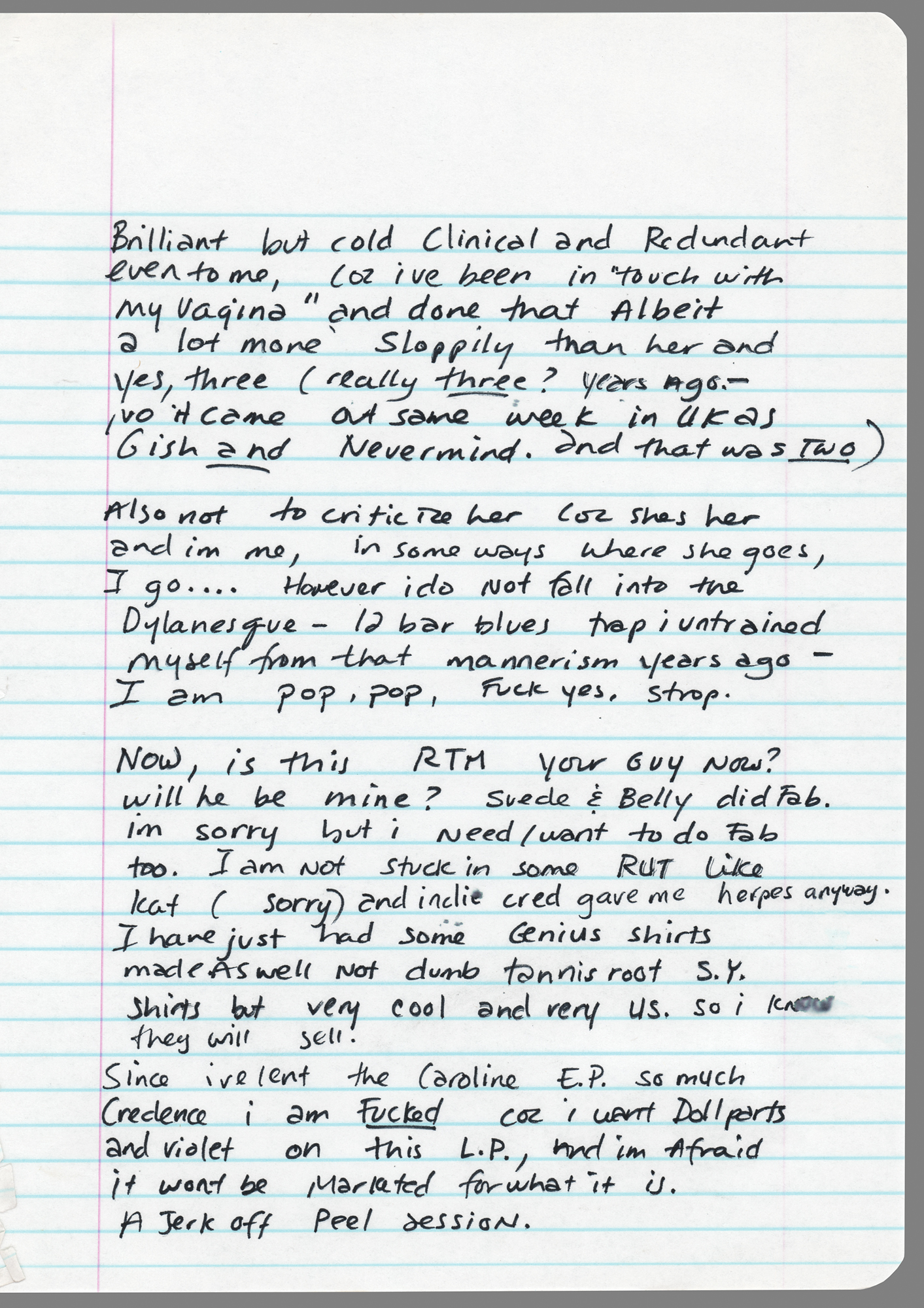 Courtney Love Autograph Letter Signed on Kurt Cobain, Nevermind,