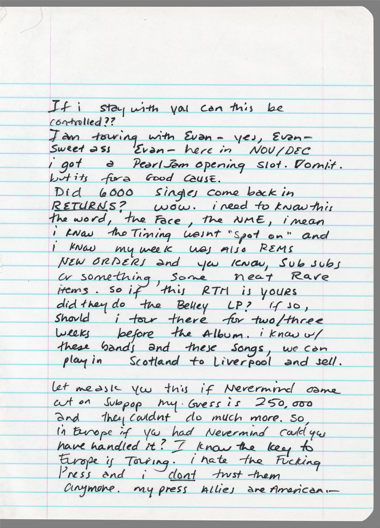 Courtney Love Autograph Letter Signed on Kurt Cobain, Nevermind,