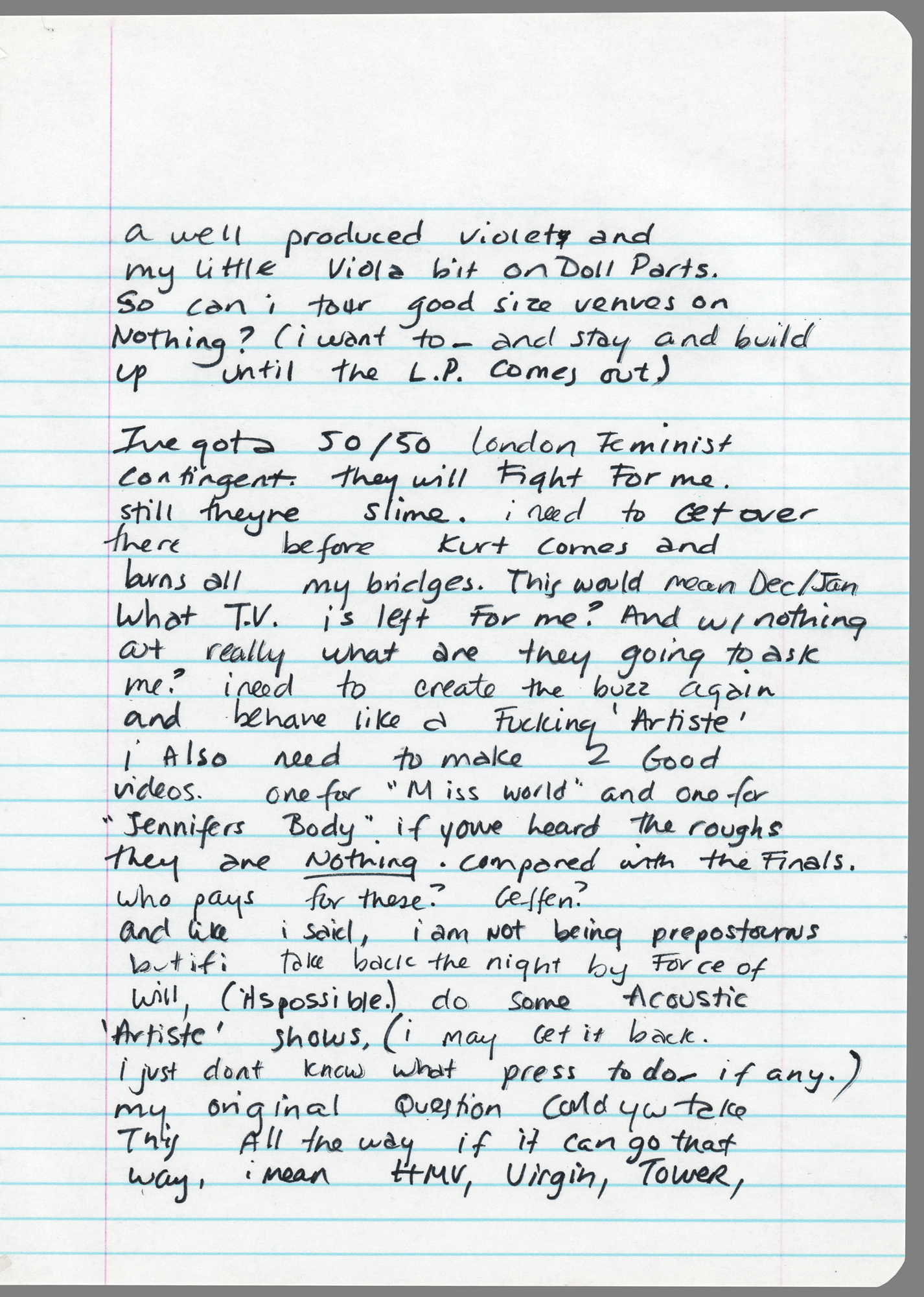Courtney Love Autograph Letter Signed on Kurt Cobain, Nevermind,