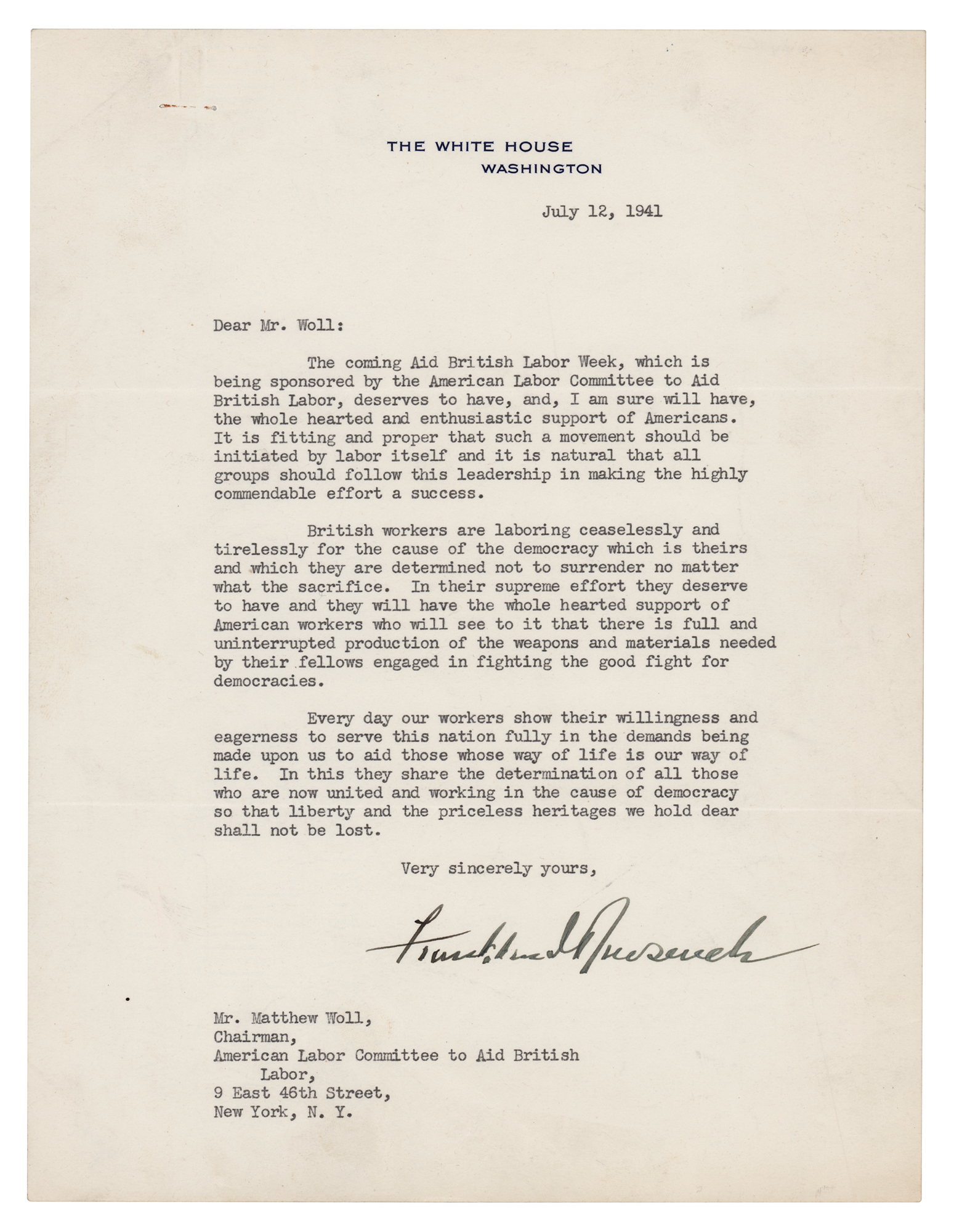 Franklin D. Roosevelt WWII-Dated Typed Letter Signed as President,