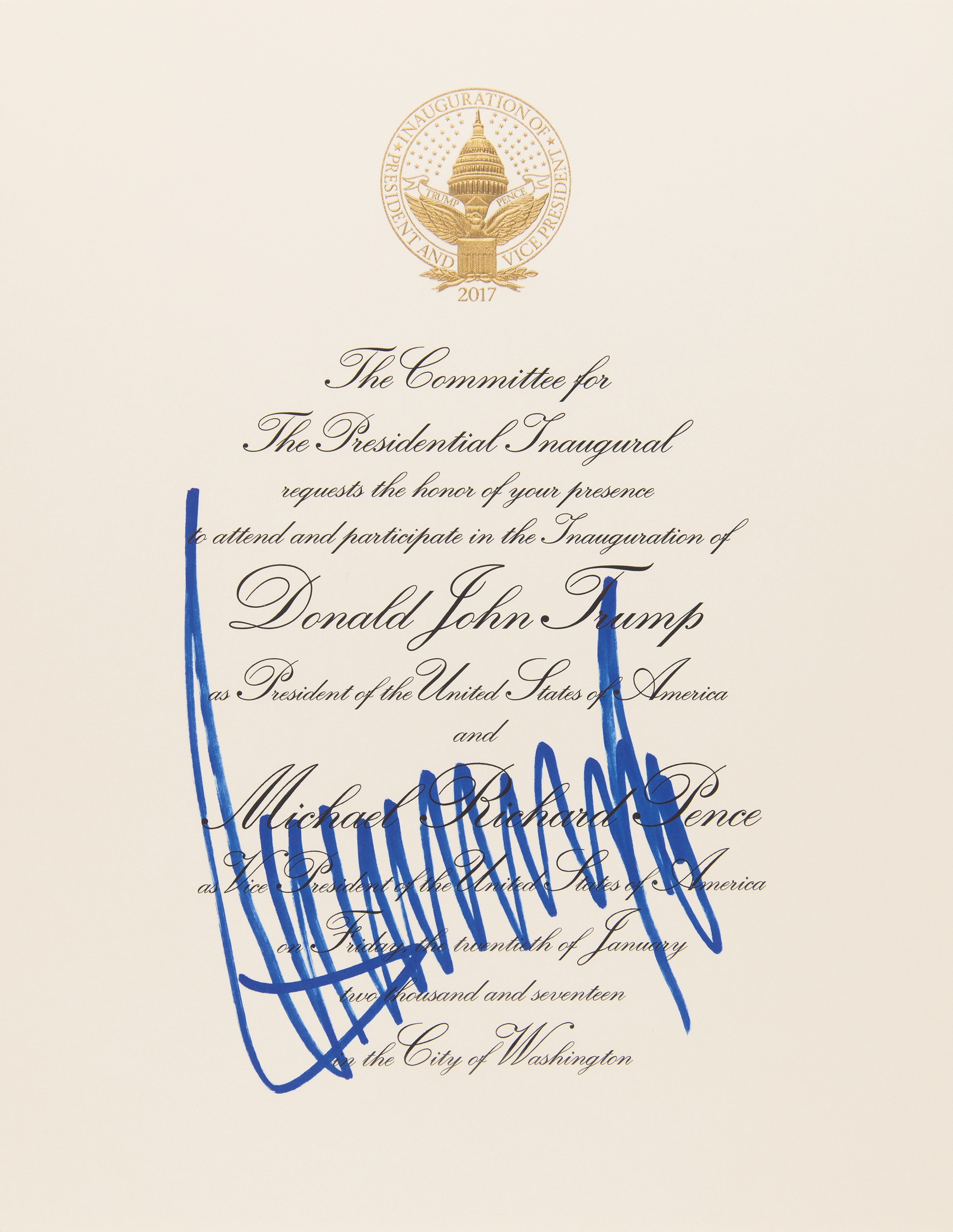Donald Trump Signed 2017 Presidential Inauguration Invitation | RR