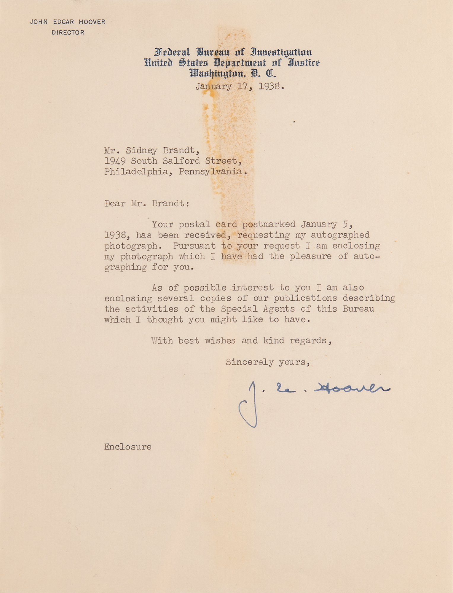 J. Edgar Hoover (5) Typed Letters Signed | RR Auction